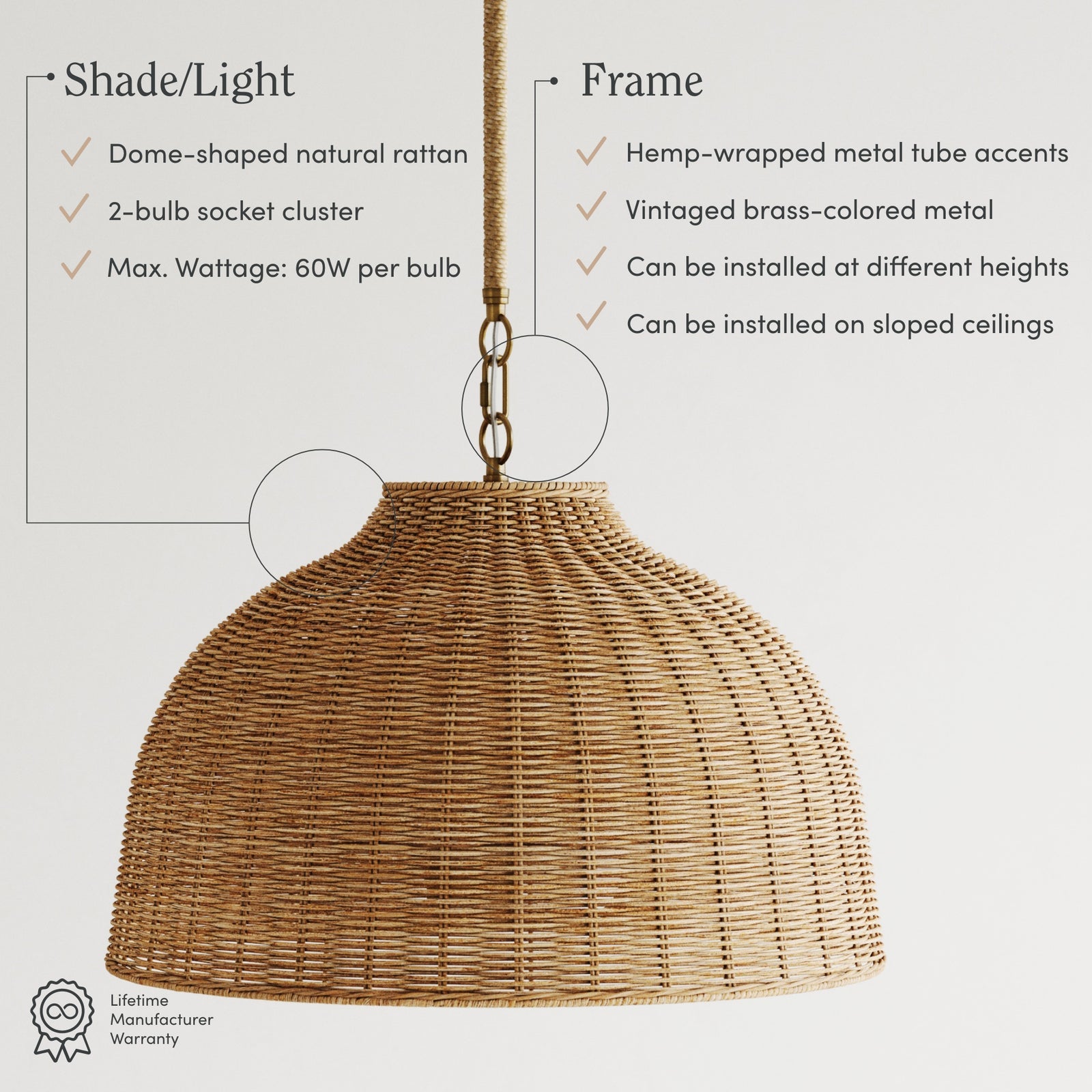 Augustine Modern Farmhouse Rattan Pendant Light with Brass Metal Tube ...