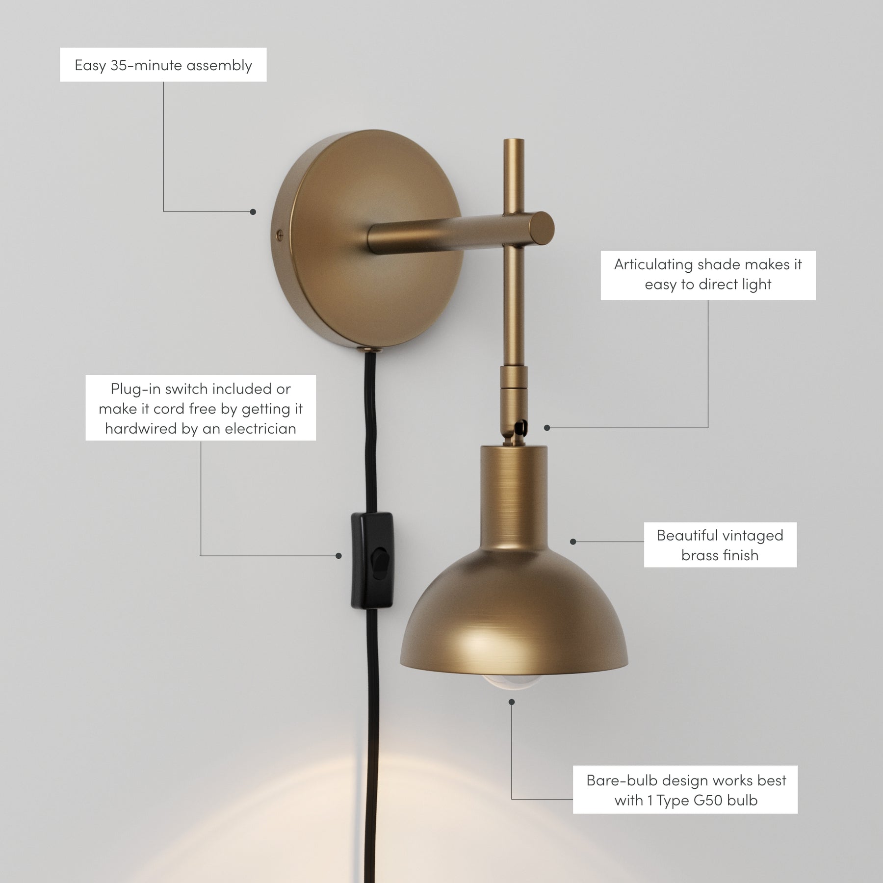 Tamlin Mid-Century Plug in Wall Sconce Light Brass | Nathan James