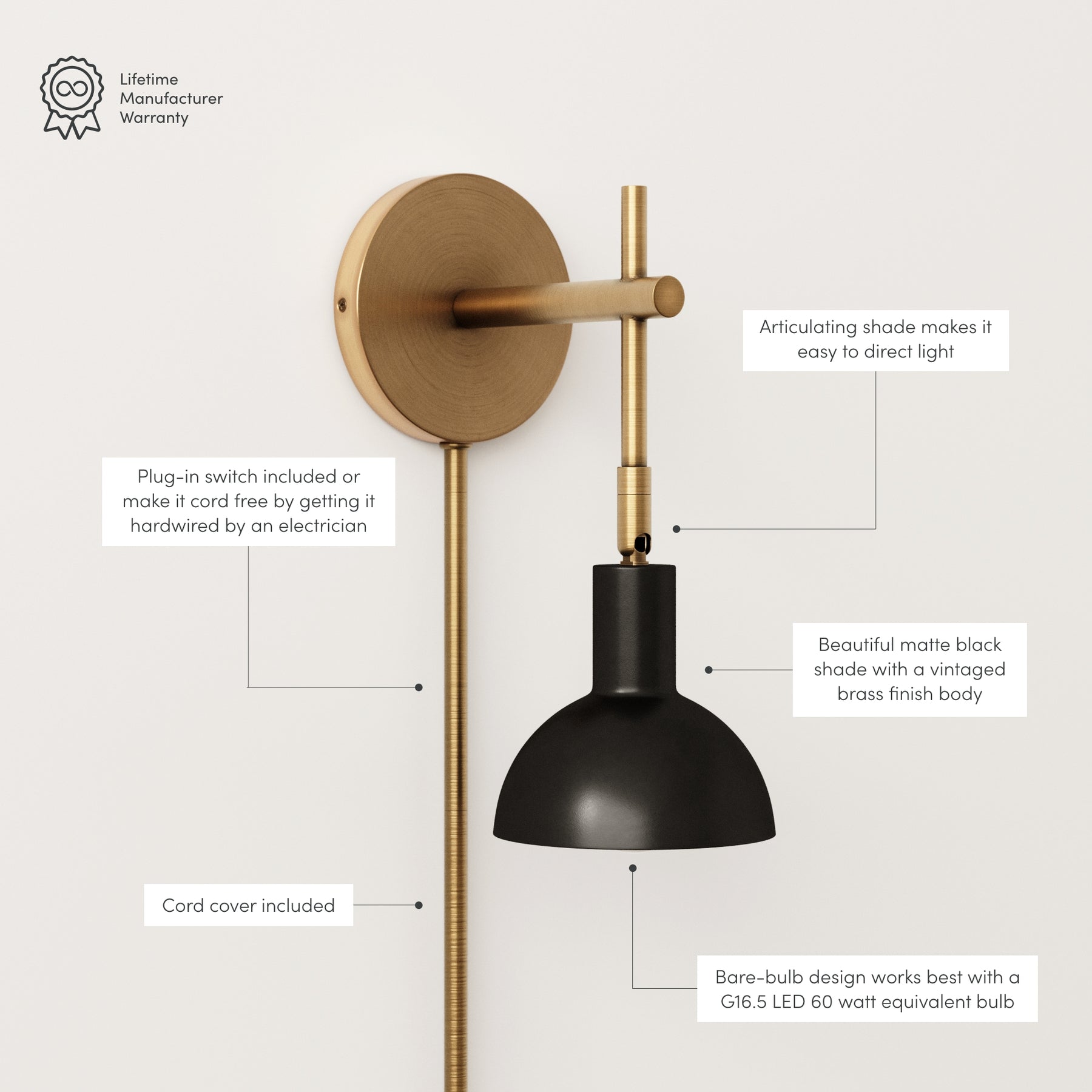 Tamlin Mid-Century Plug in Wall Sconce Light Brass | Nathan James