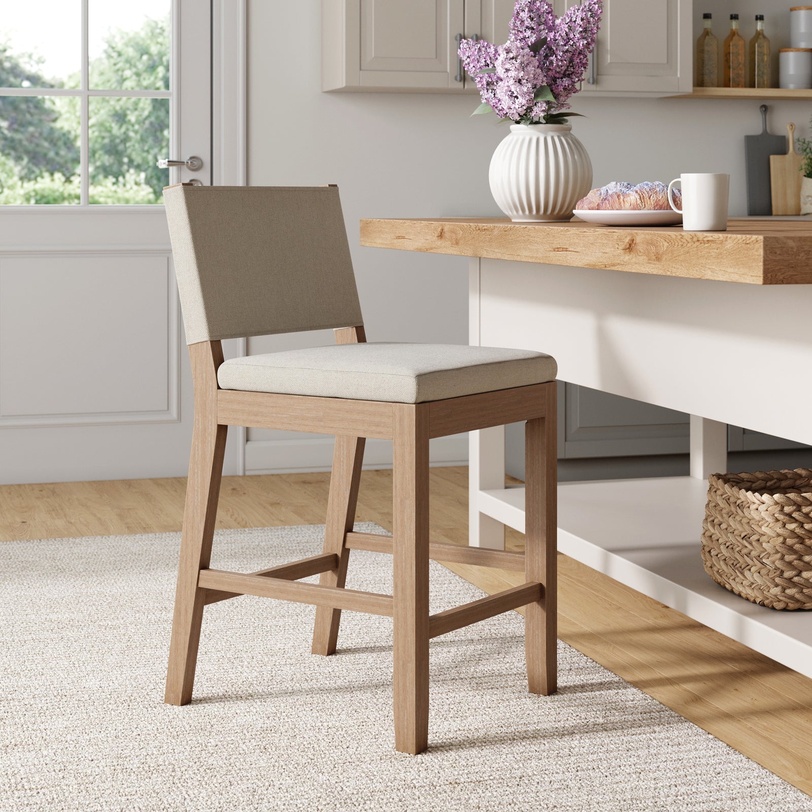 Linus Wood & Cushioned Flax Bar Stool with Back | Nathan James