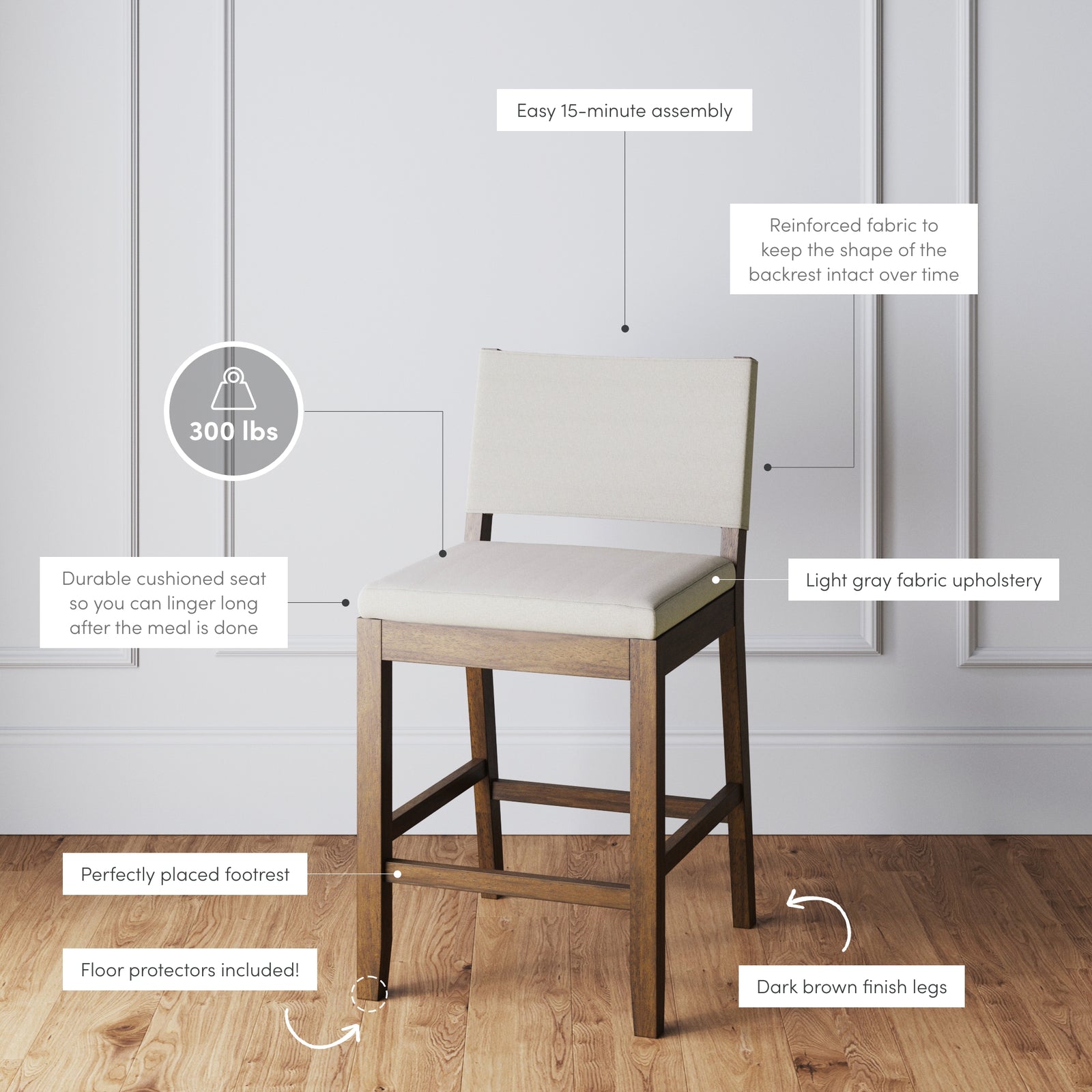 Linus Wood & Cushioned Counter Bar Stool with Back | Nathan James