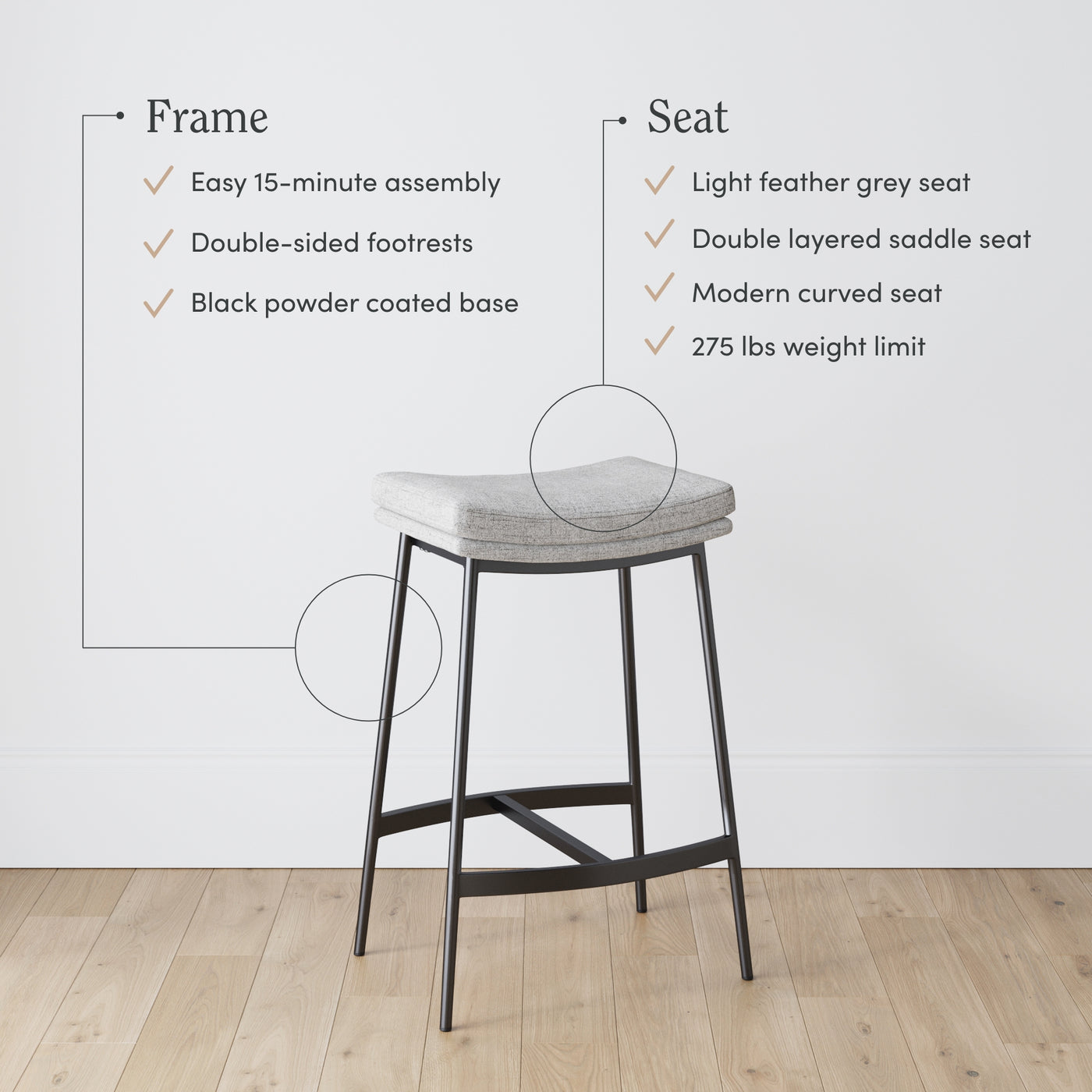 Arlo Backless Bar Stool Saddle Gray Seat and Metal | Nathan James