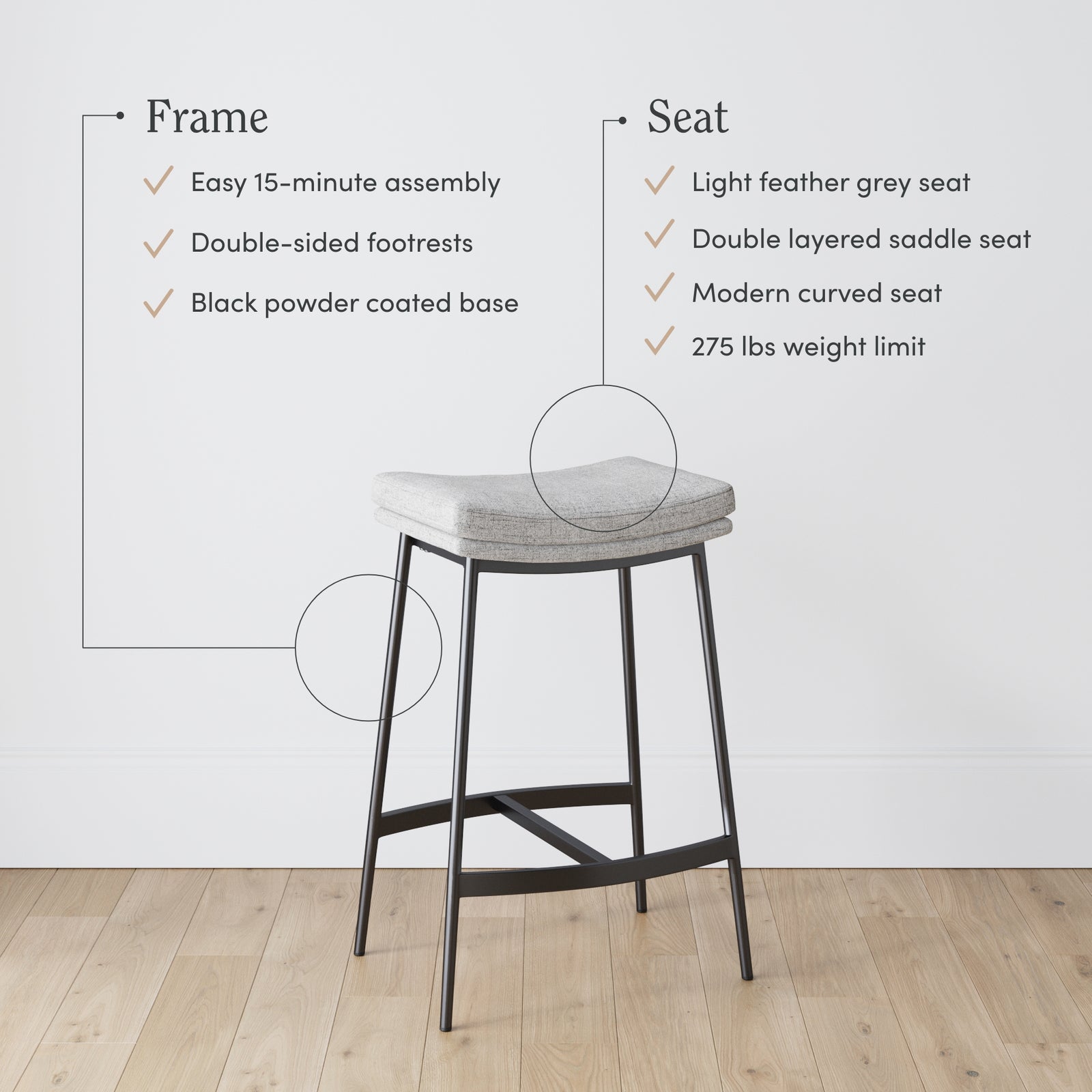 Arlo Backless Bar Stool Saddle Gray Seat and Metal | Nathan James
