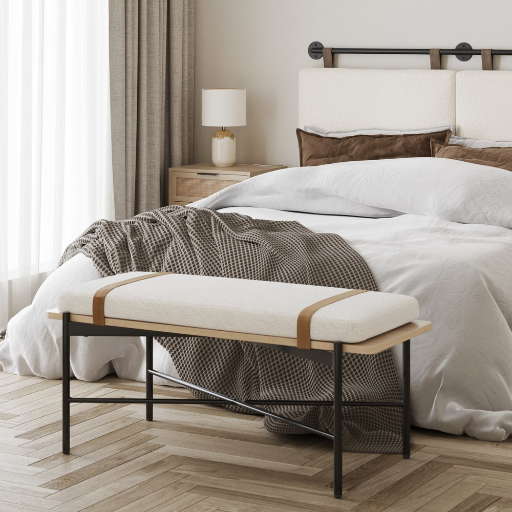 Thatcher Modern White Boucle and Oak Upholstered Bench | Nathan James