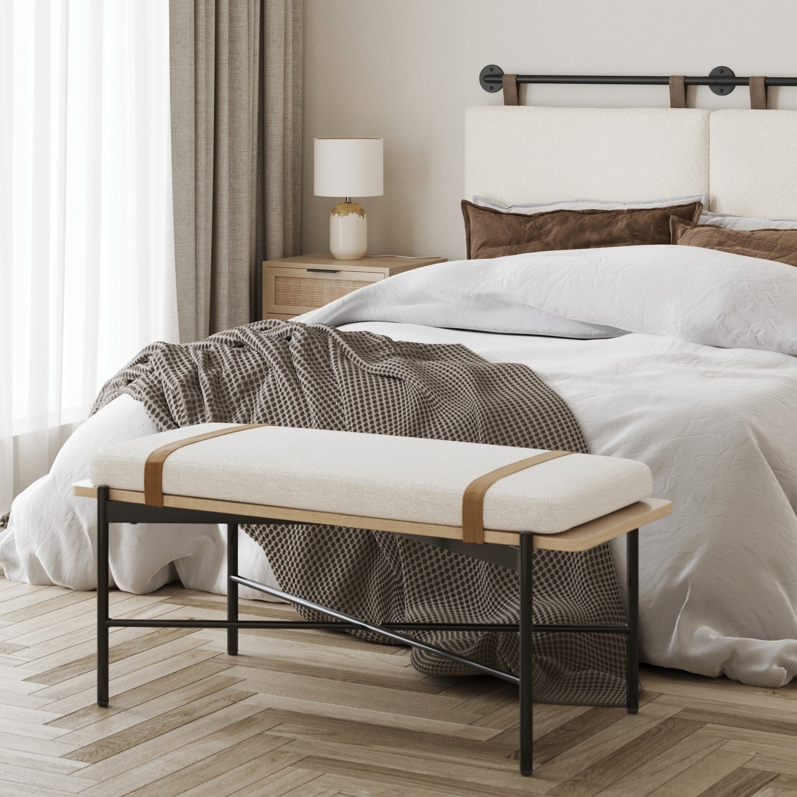 Thatcher Modern White Boucle and Oak Upholstered Bench | Nathan James