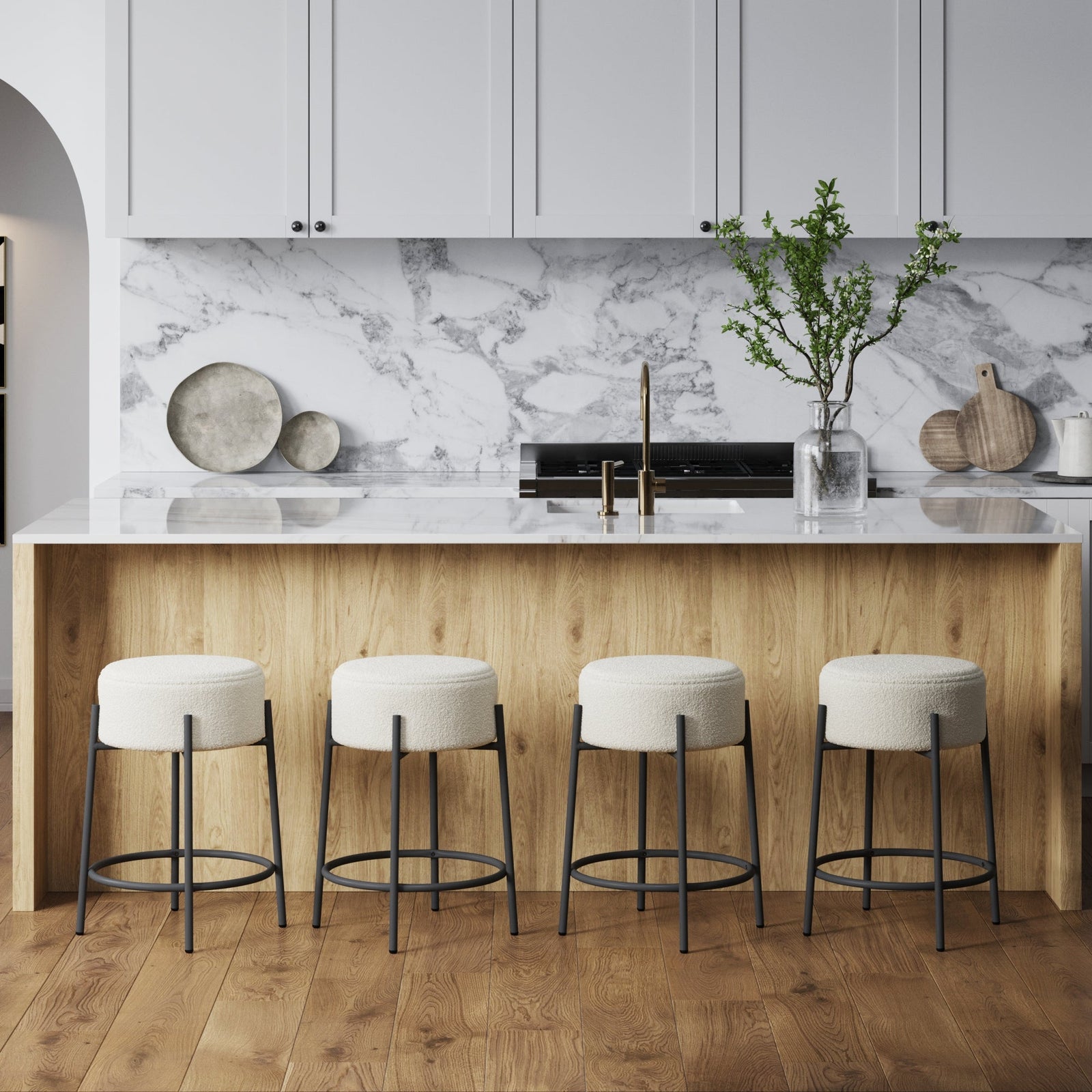 Isaac Bar Stool Boucle Round Backless Counter Height Set of 4 | Nathan