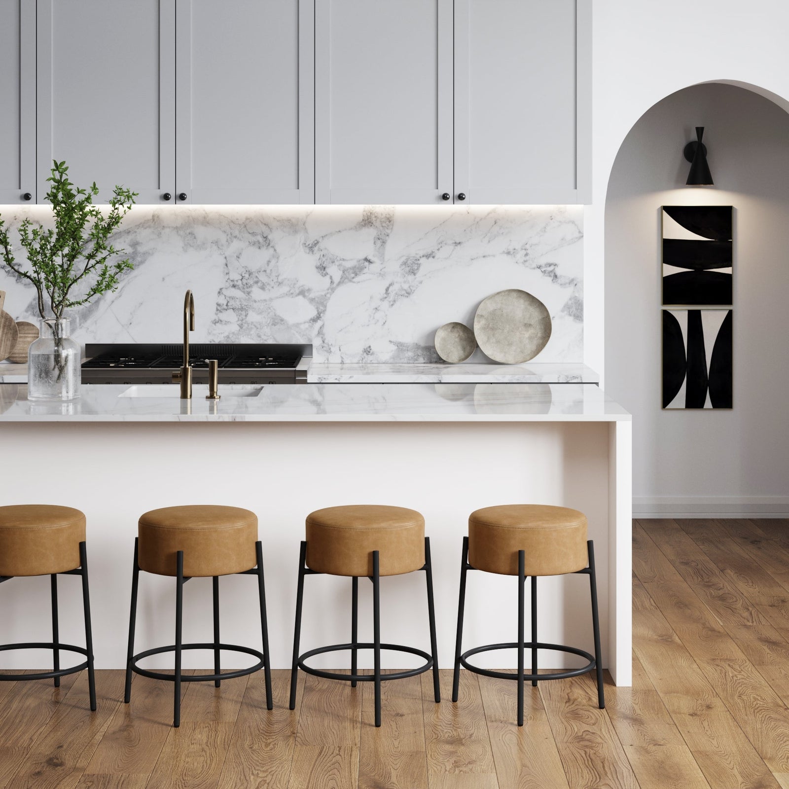 Isaac Bar Stool Faux Leather Brown Set of 4 Counter Height | Nathan Ja