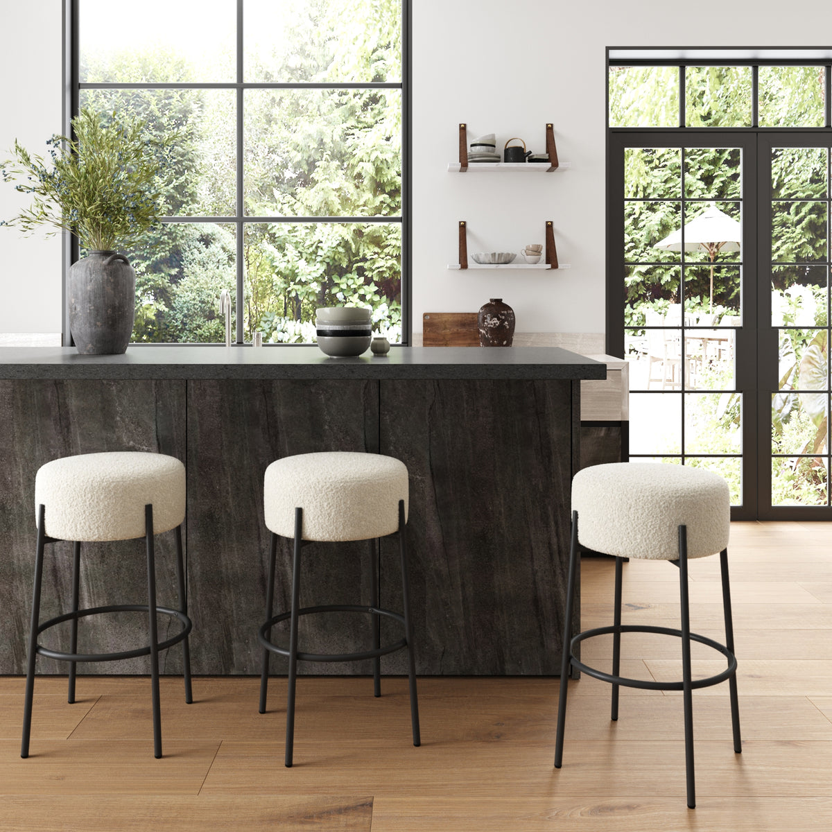 Isaac Round Mid-Century Backless White Boucle Bar Stool | Nathan James