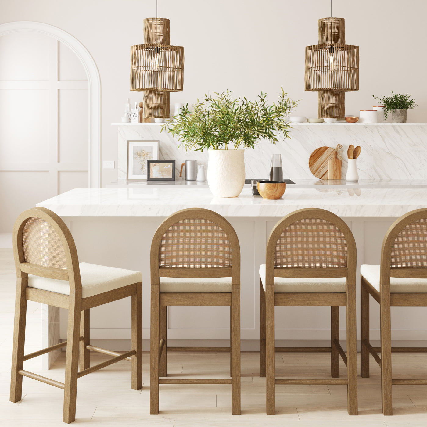 Bailey Bohemian Rattan & Boucle Bar Stool Set of 4 | Nathan James