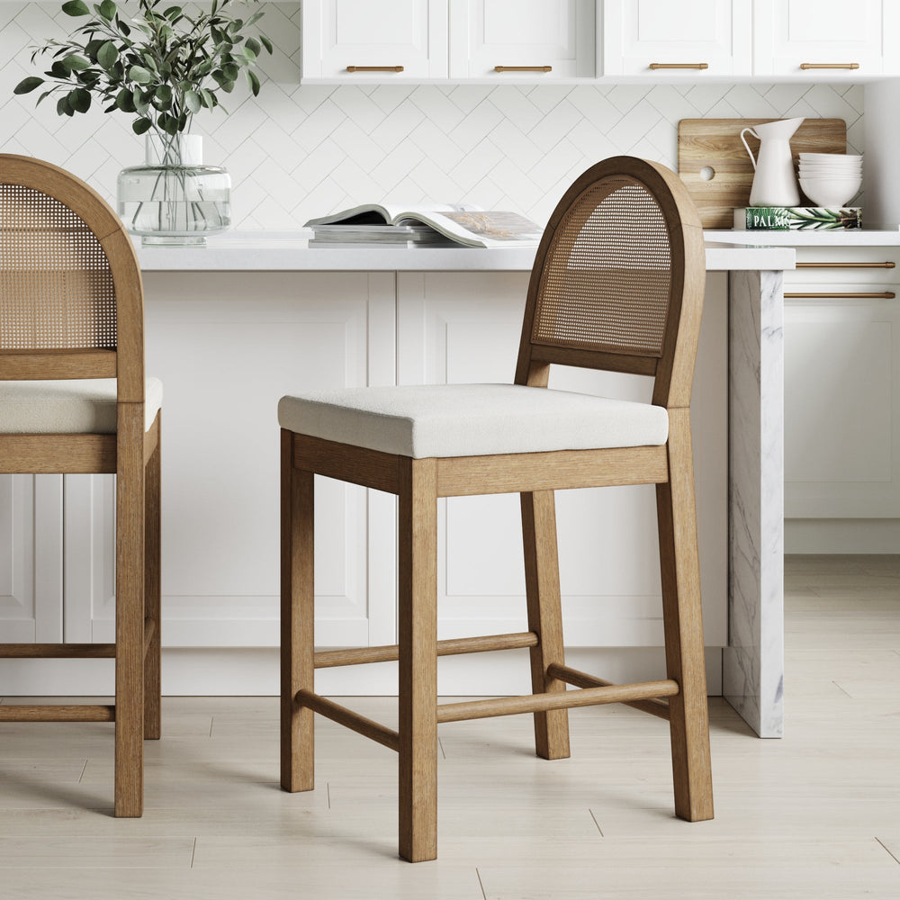 Boucle & Rattan Counter Stool Light Brown