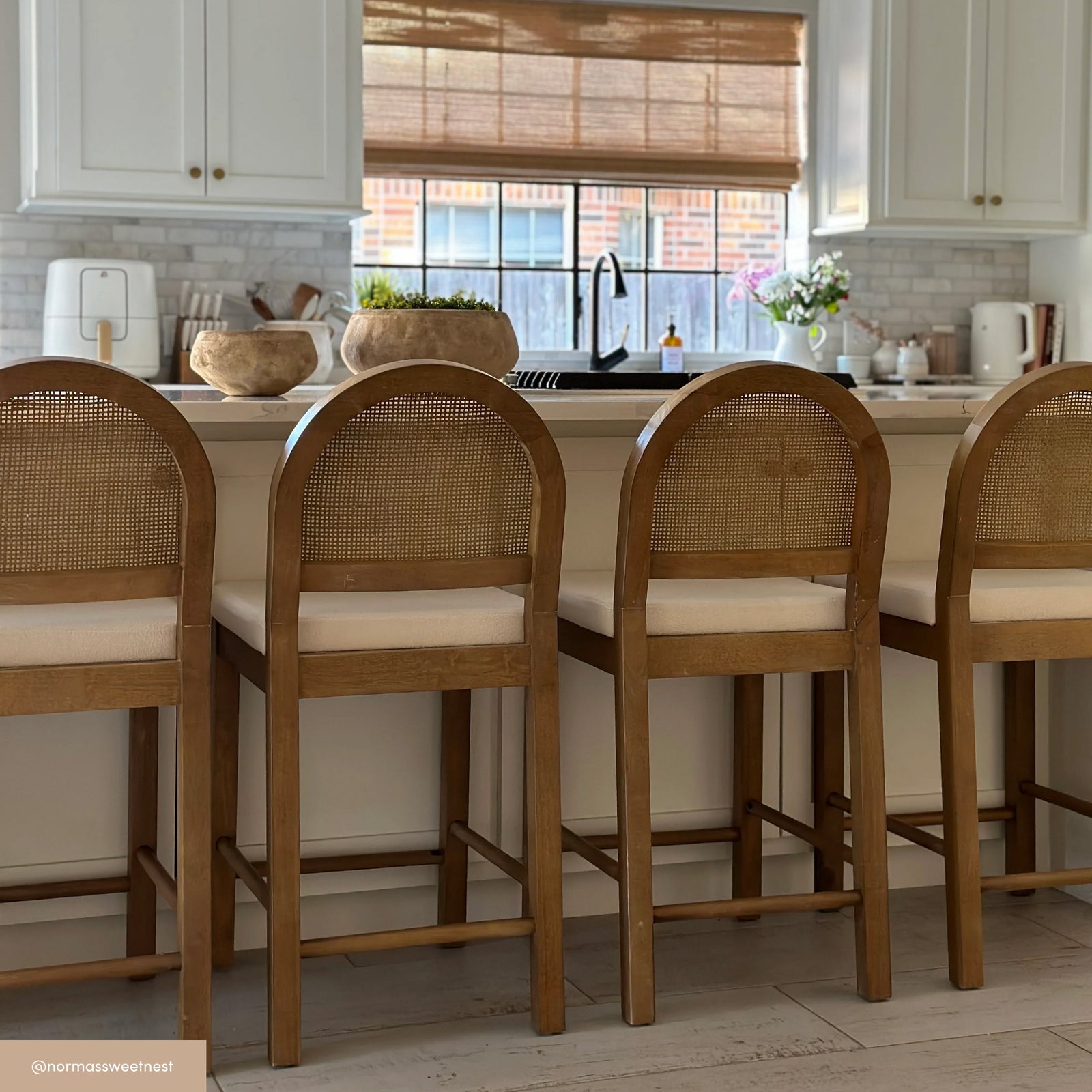 Boucle & Rattan Counter Height Bar Stool Light Brown