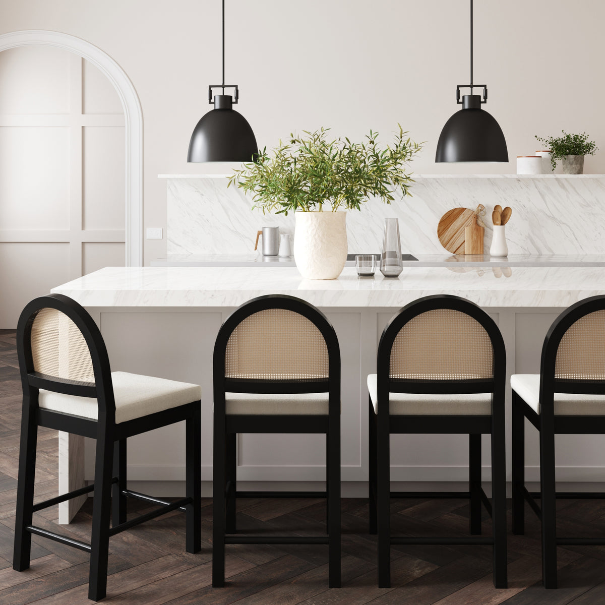 Bailey Boho Boucle & Rattan Black Set of 4 Bar Stools | Nathan James