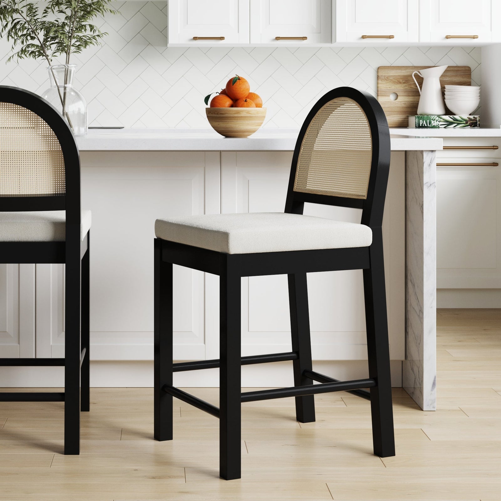 Bailey Boho Boucle & Rattan Curved Black Bar Stool | Nathan James