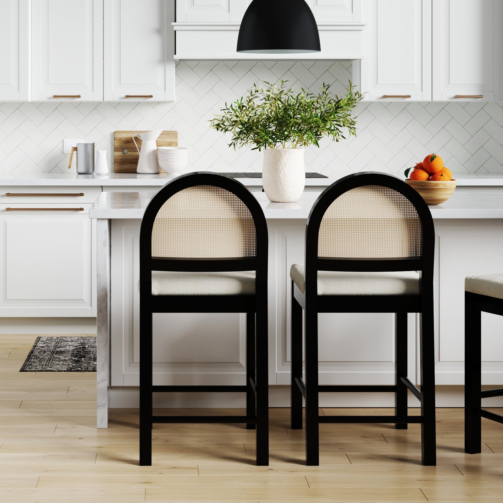 Bailey Boho Boucle & Rattan Curved Black Bar Stool | Nathan James