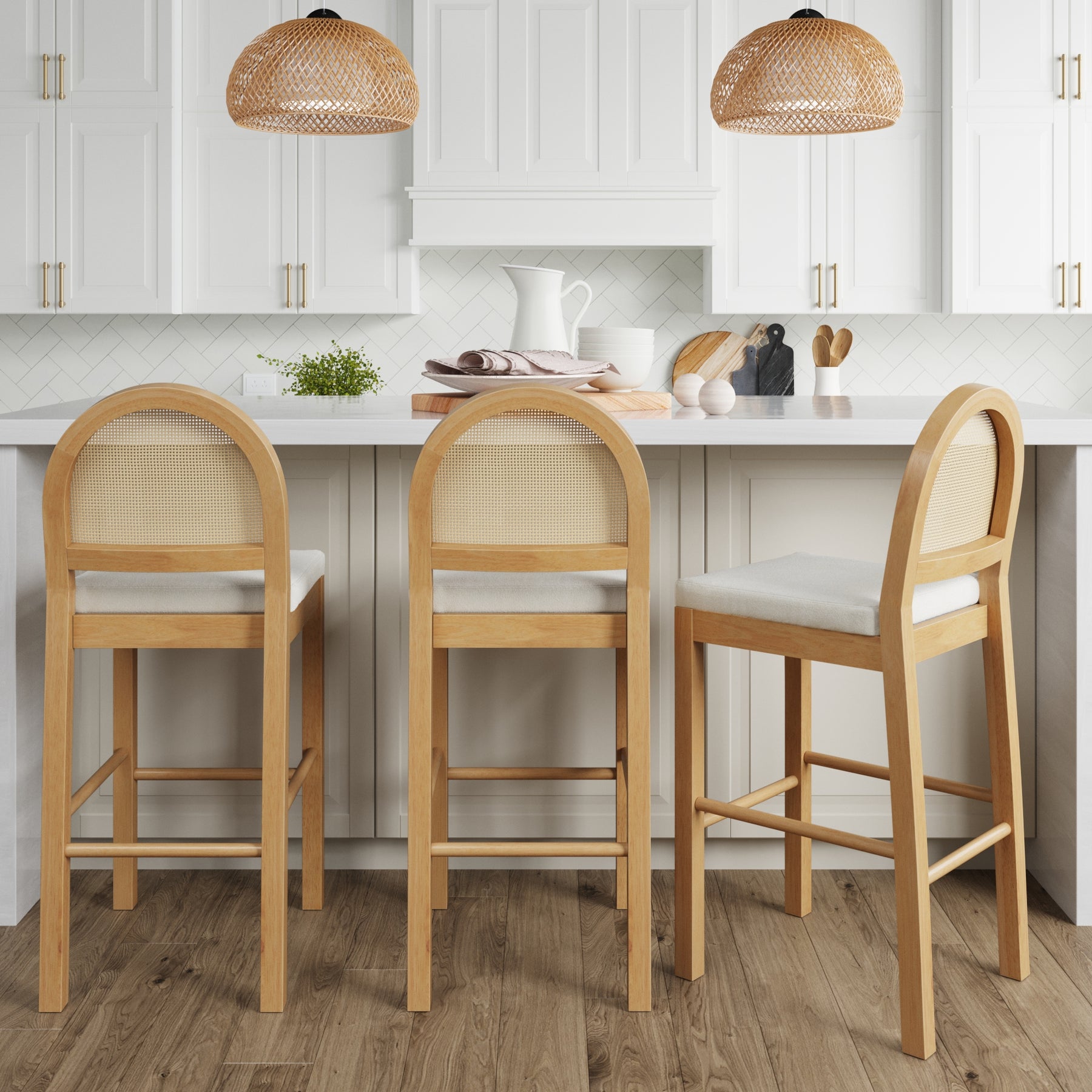 Bailey Boucle Bar Stool with Woven Rattan Back Set of 3 | Nathan James