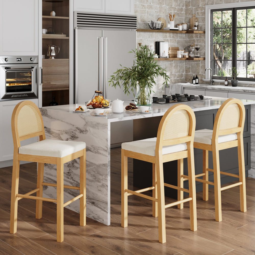 Bailey Boucle Bar Stool with Woven Rattan Back Set of 3 | Nathan James