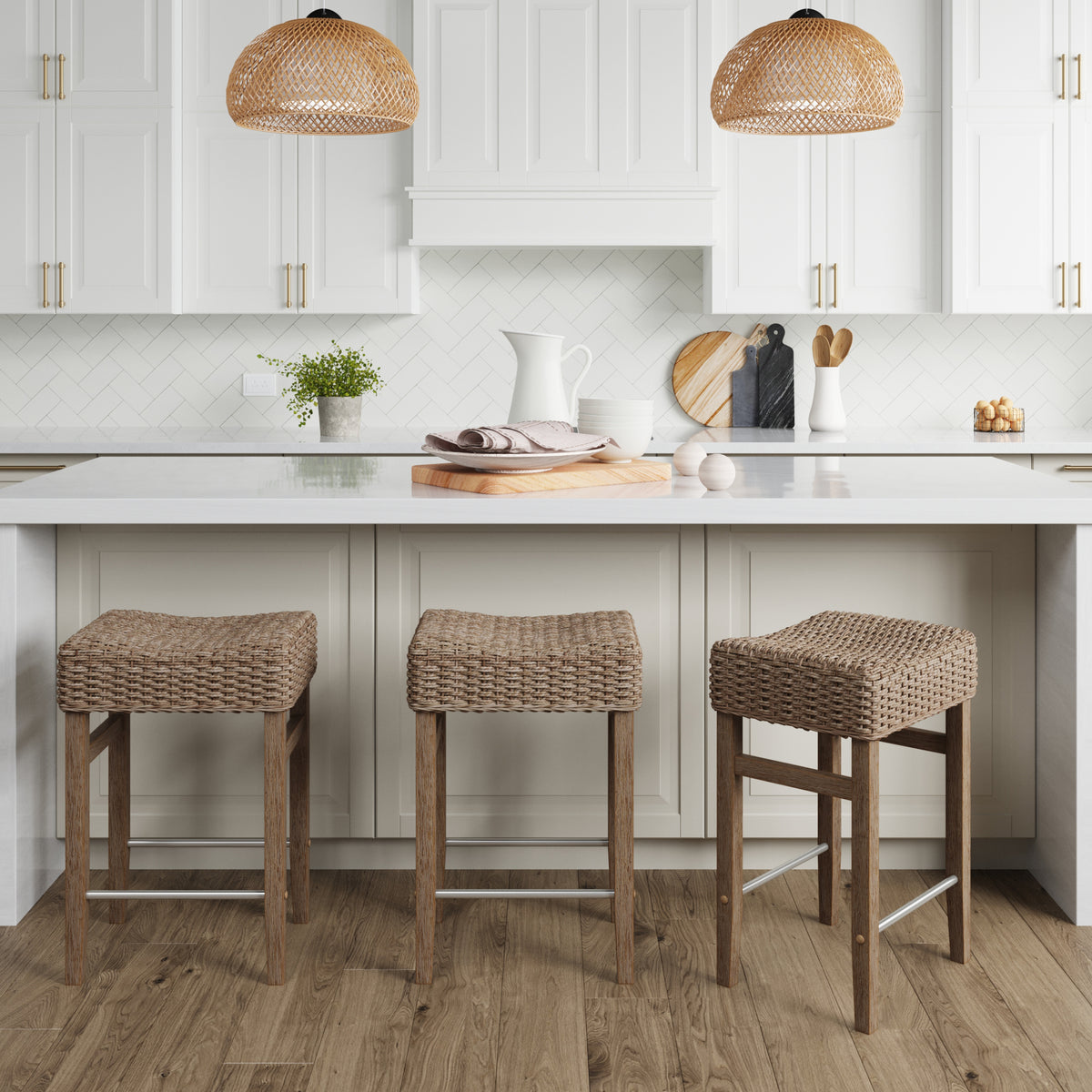 Harvey Rattan Counter Height Bar Stool Brown Set of 3 | Nathan James