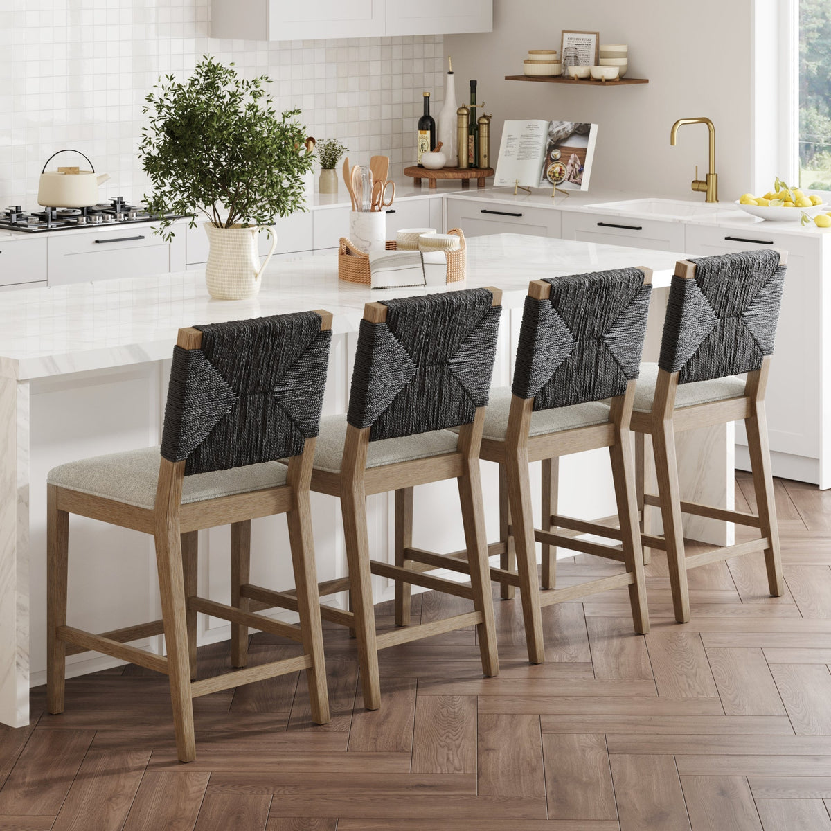 Beacon Boucle & Seagrass Counter Stool Black Set of 4 | Nathan James