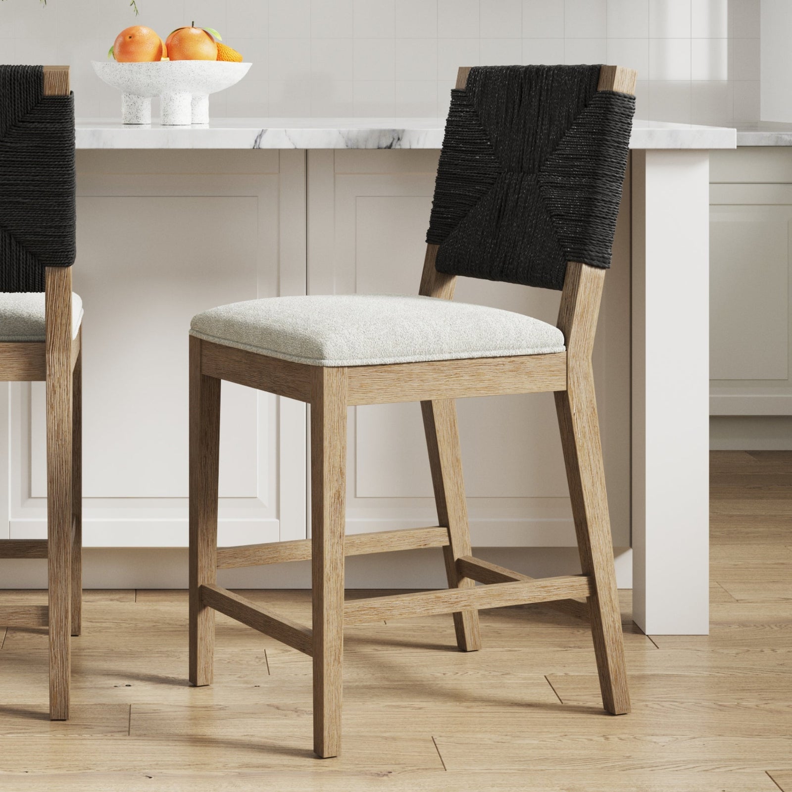Beacon Boucle & Seagrass Bohemian Counter Stool Black | Nathan James