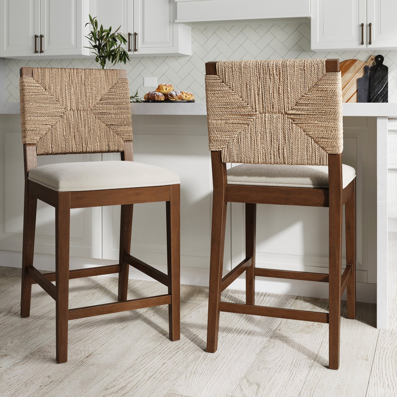 Beacon Boucle & Seagrass Stool Dark Brown Set of 2 | Nathan James