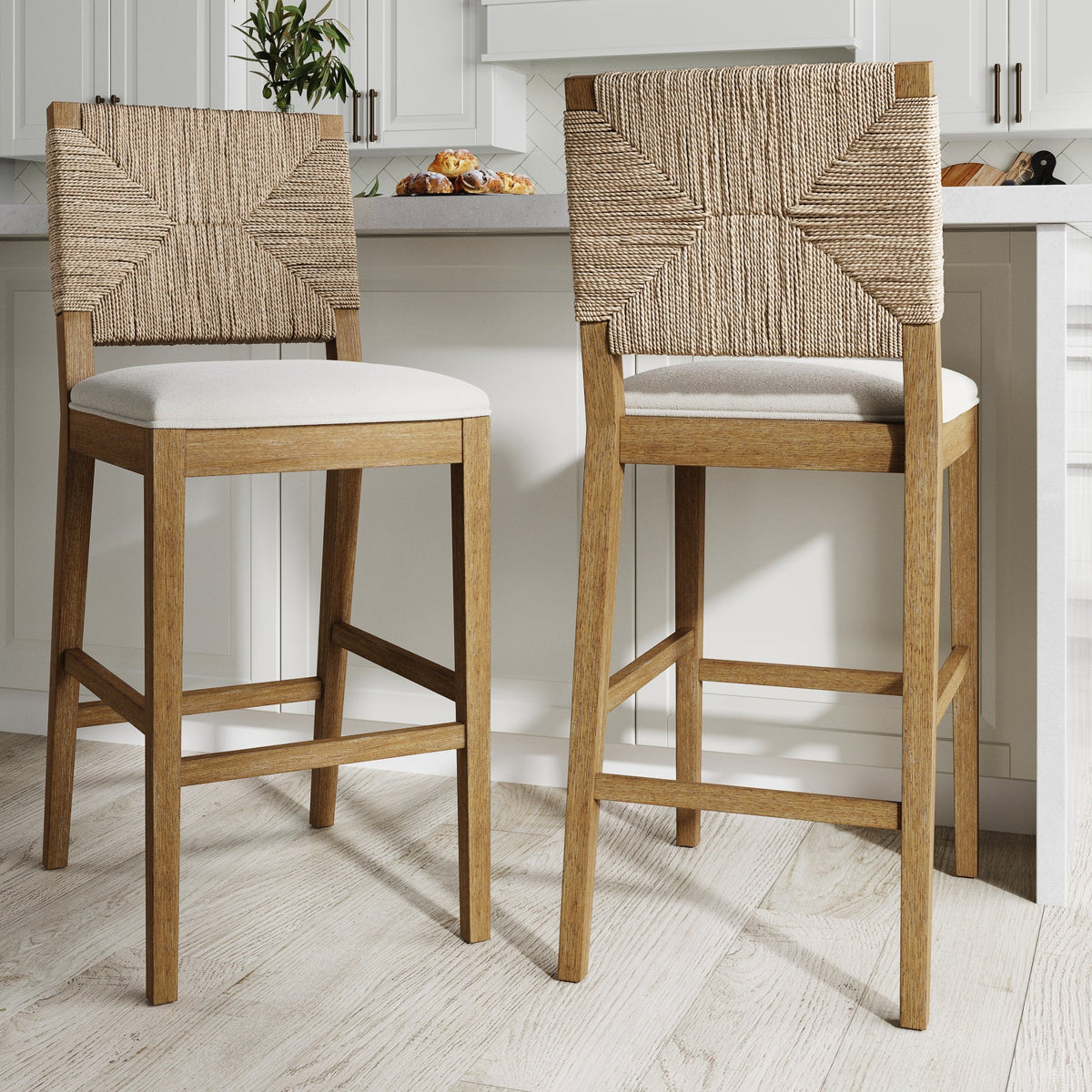Boucle & Seagrass Bar Stool Light Brown Set of 2 | Nathan James