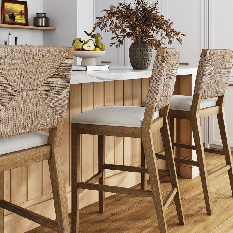Boucle & Seagrass Bar Stool Light Brown Set of 3 | Nathan James