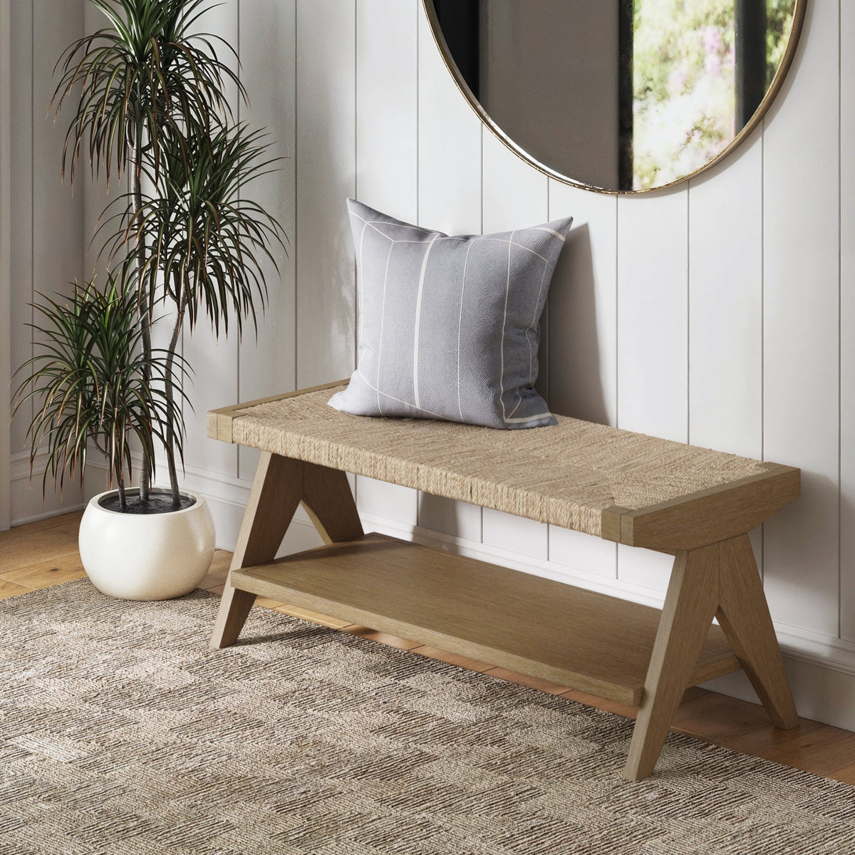 Beacon Bohemian Wood & Seagrass Entryway Bench | Nathan James