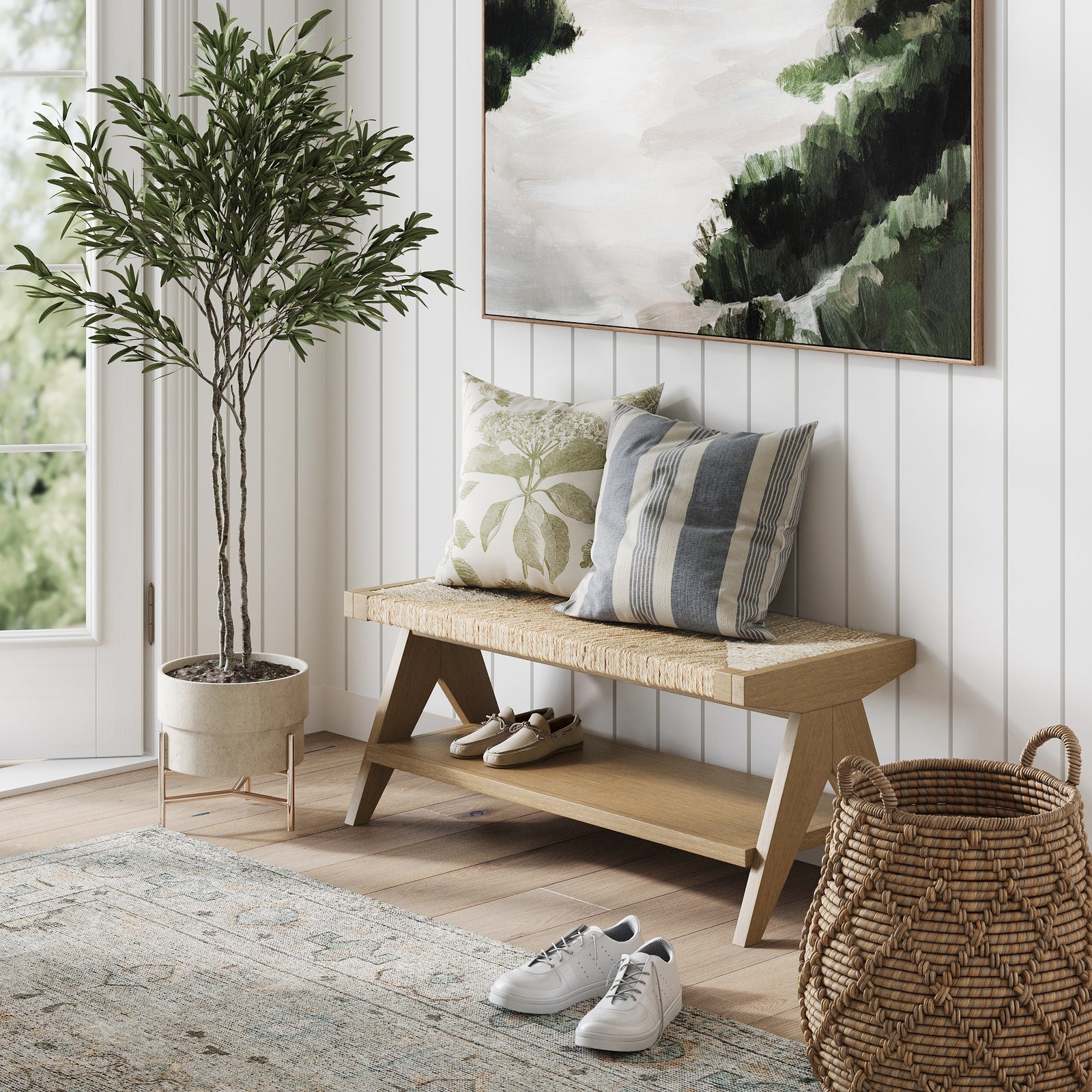 Beacon Bohemian Wood & Seagrass Entryway Bench | Nathan James
