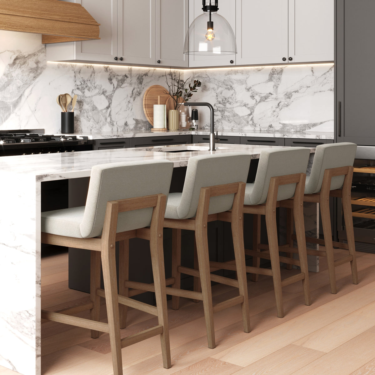 Gracie Modern Wood Flax Upholstered Bar Stool with Back | Nathan James