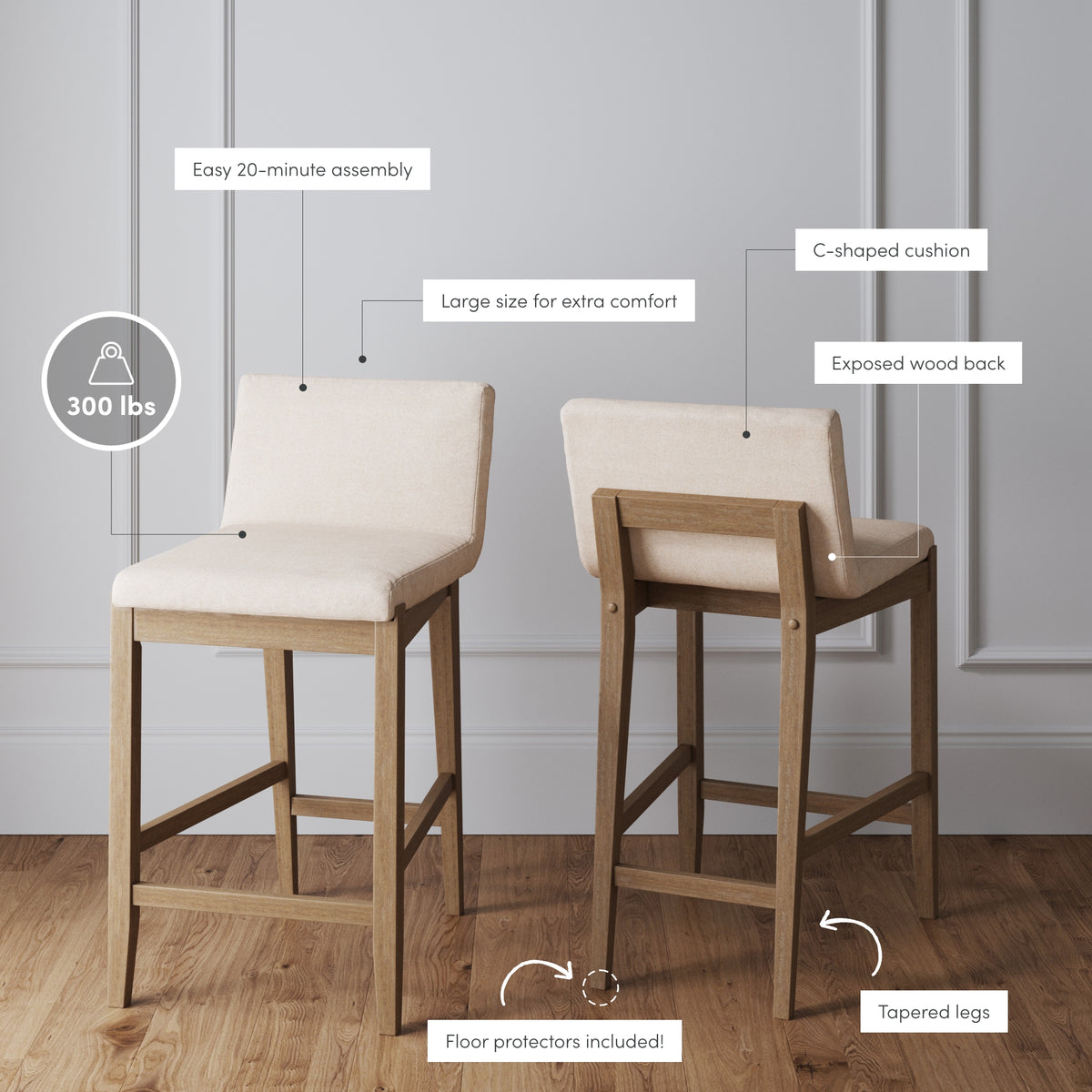 Gracie Modern Wood Upholstered Bar Stool with Back | Nathan James