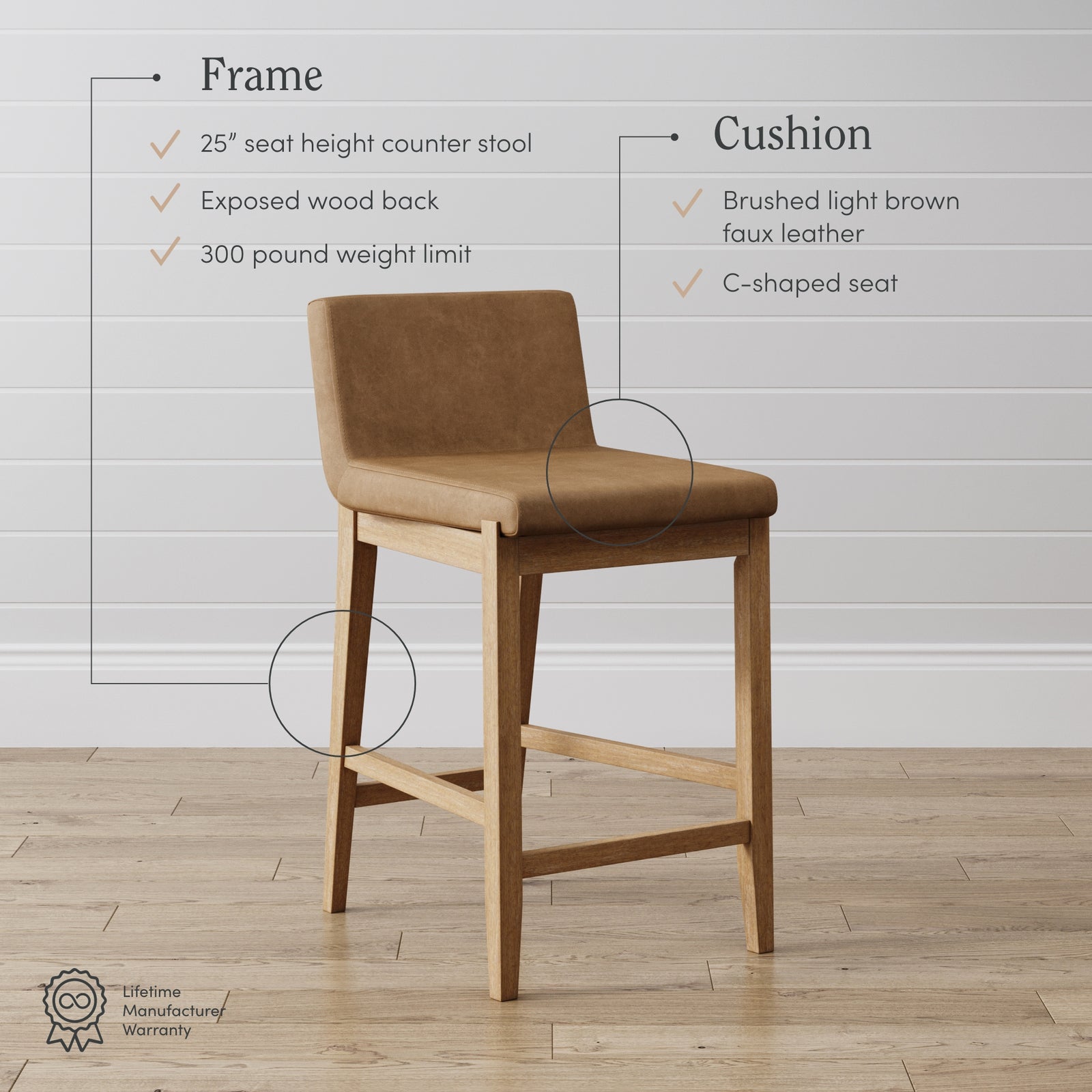Gracie Modern Wood Light Brown Bar Stool with Back | Nathan James