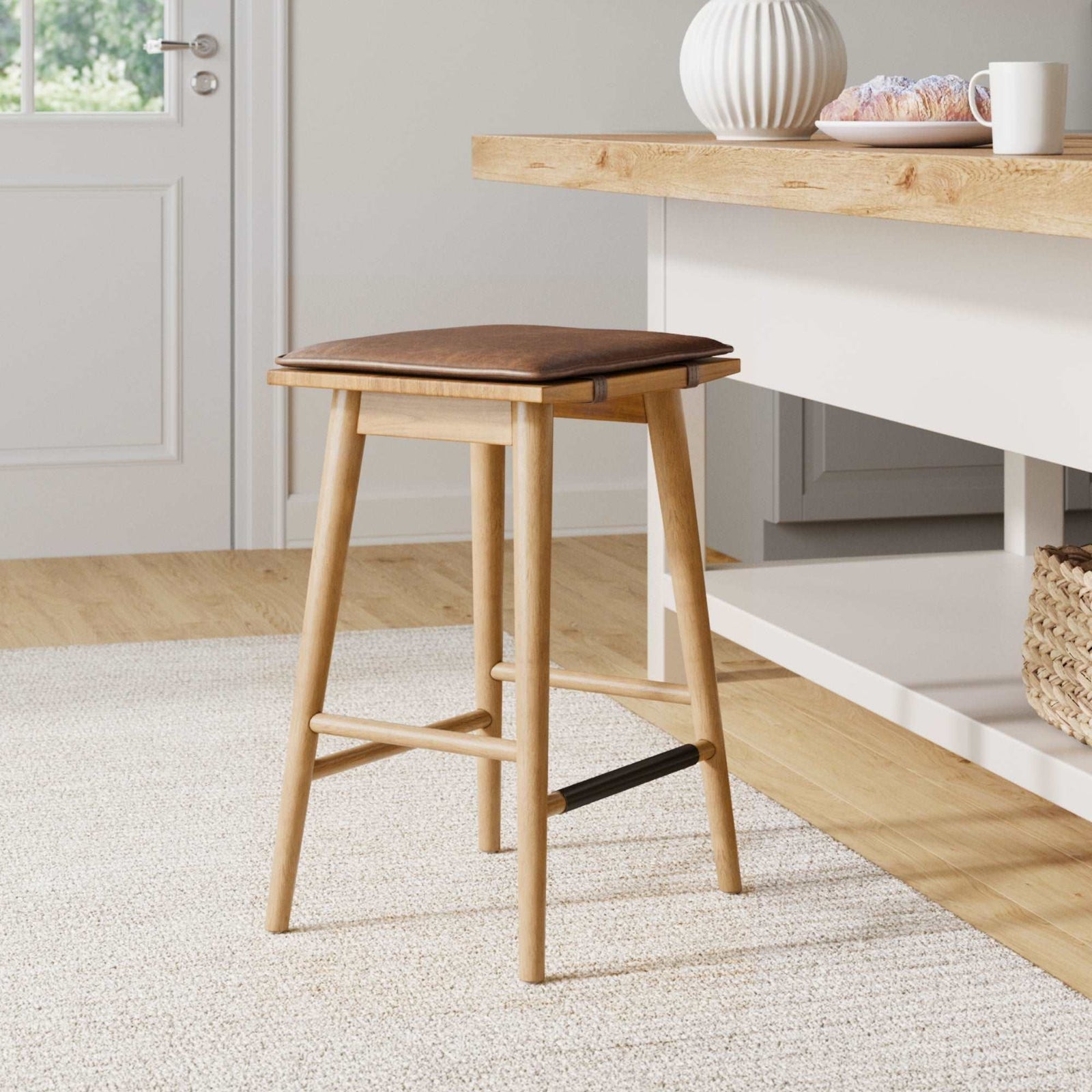 Barker Backless Warm Pine Wood Stool Removable Cushion | Nathan James