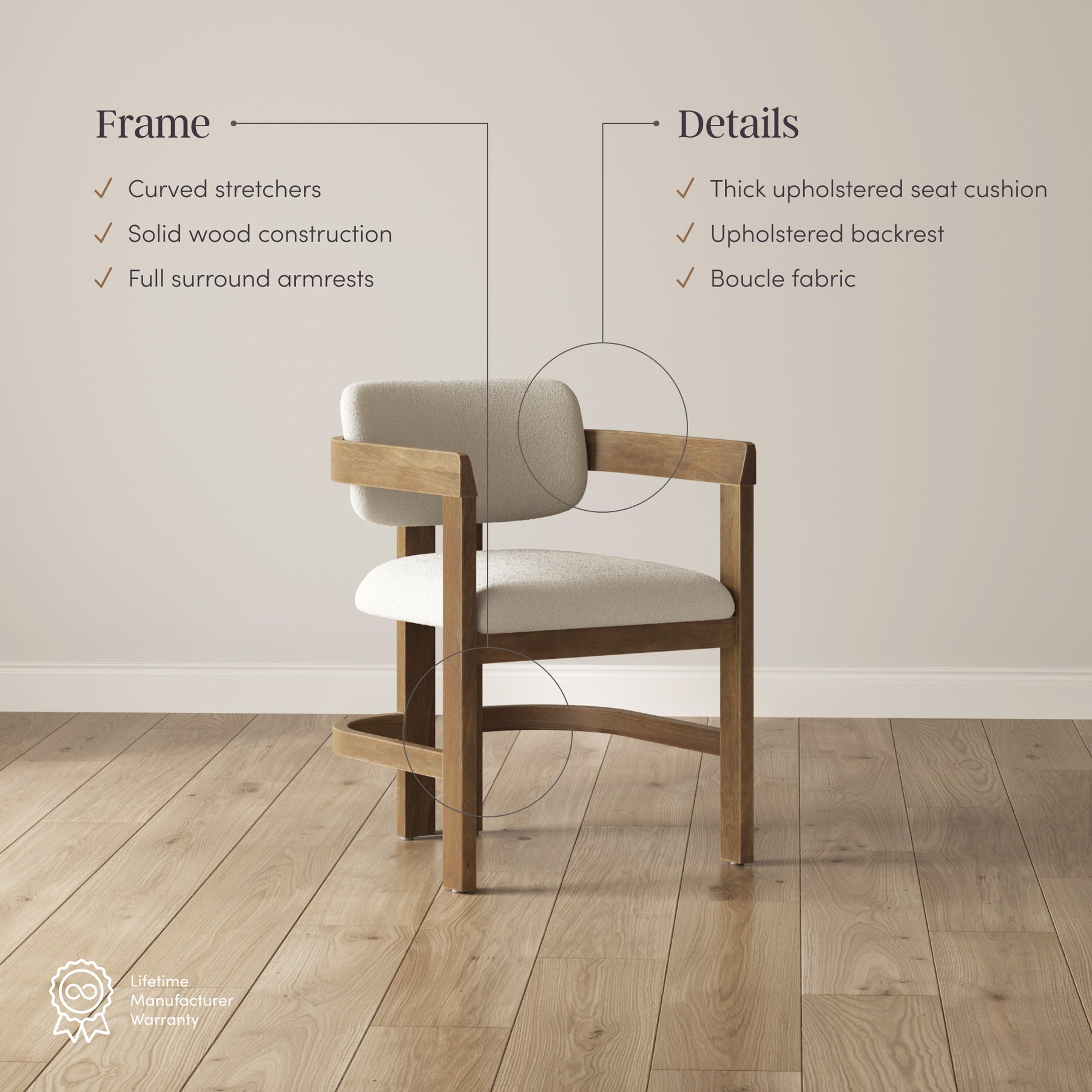 Veya Dining Chair Boucle Curved Back Arm Light Brown | Nathan James