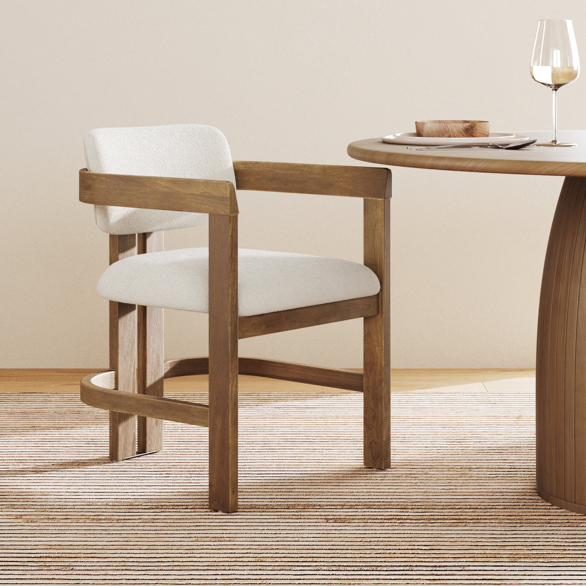 Veya Dining Chair Boucle Curved Back Arm Light Brown | Nathan James