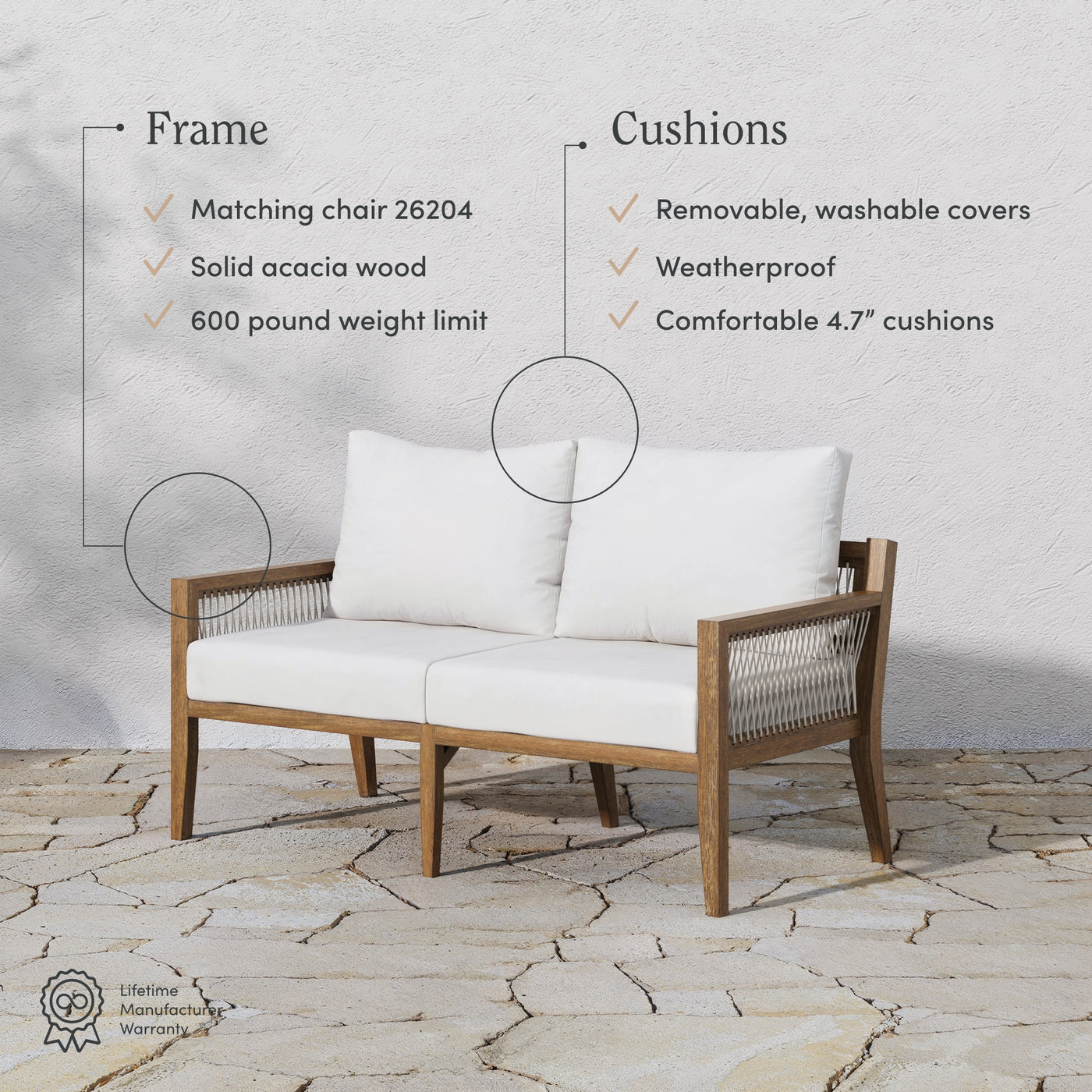 Freya Outdoor Wood Patio Boho Couch White Light Brown | Nathan James