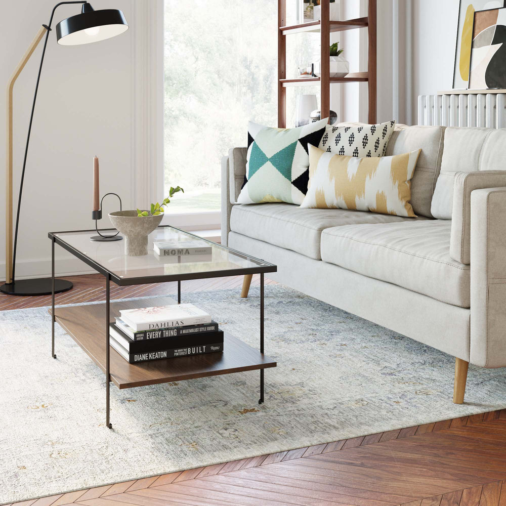 Asher Glass and Metal Coffee Table with Wood Shelf | Nathan James