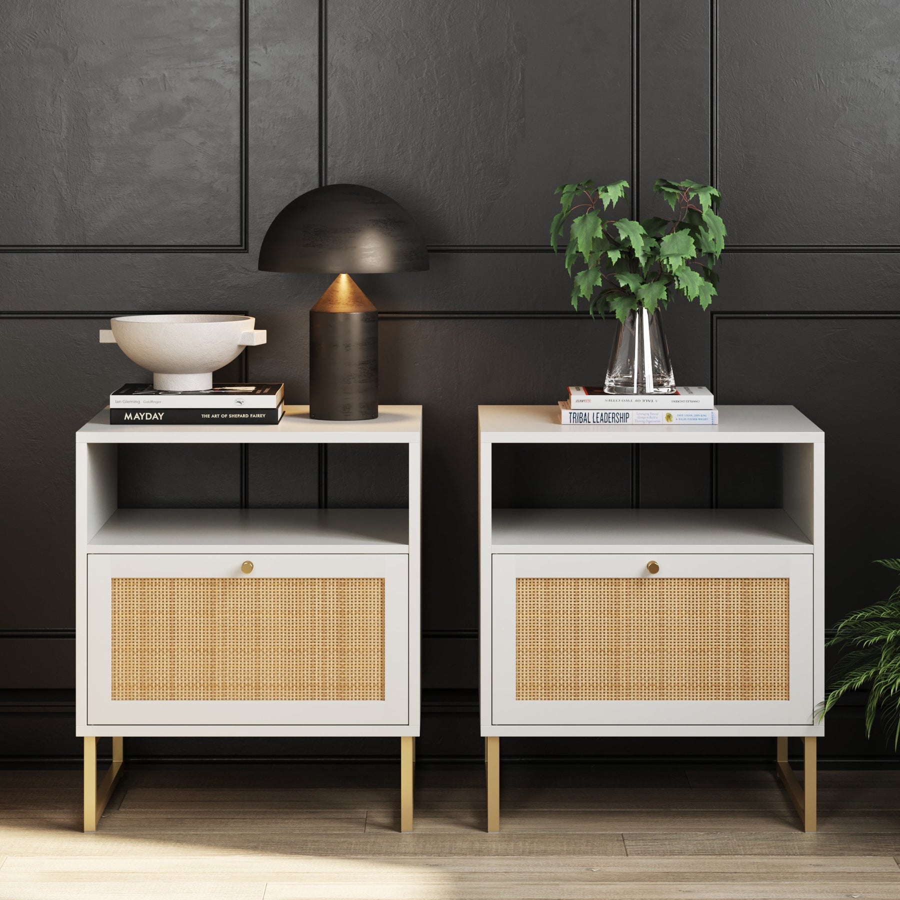 Boho Mina Rattan Wood Nightstand Set of 2 White | Nathan James