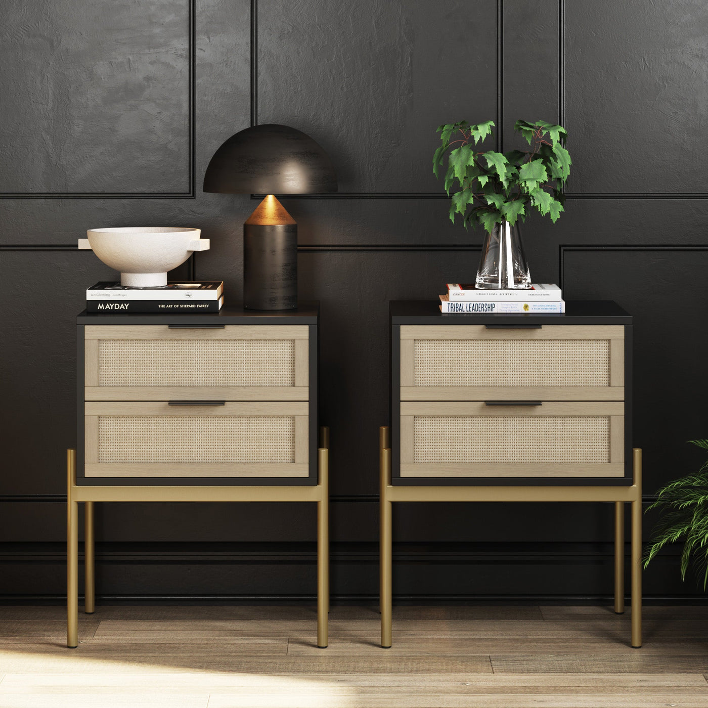 Boho Andrew Rattan Nightstand Set of 2 Matte Black | Nathan James