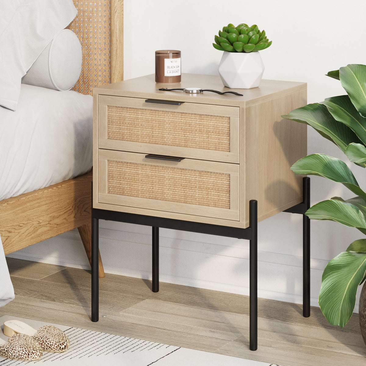 Boho Andrew Rattan Nightstand 2-Drawer Light Oak | Nathan James