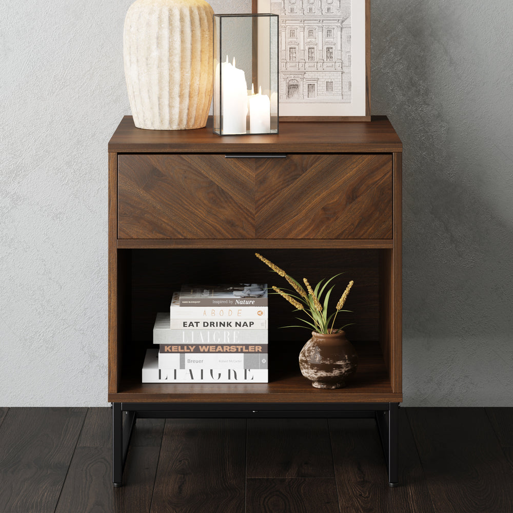 Kensi Farmhouse Nightstand Open Cubby and Drawer Nutmeg | Nathan James