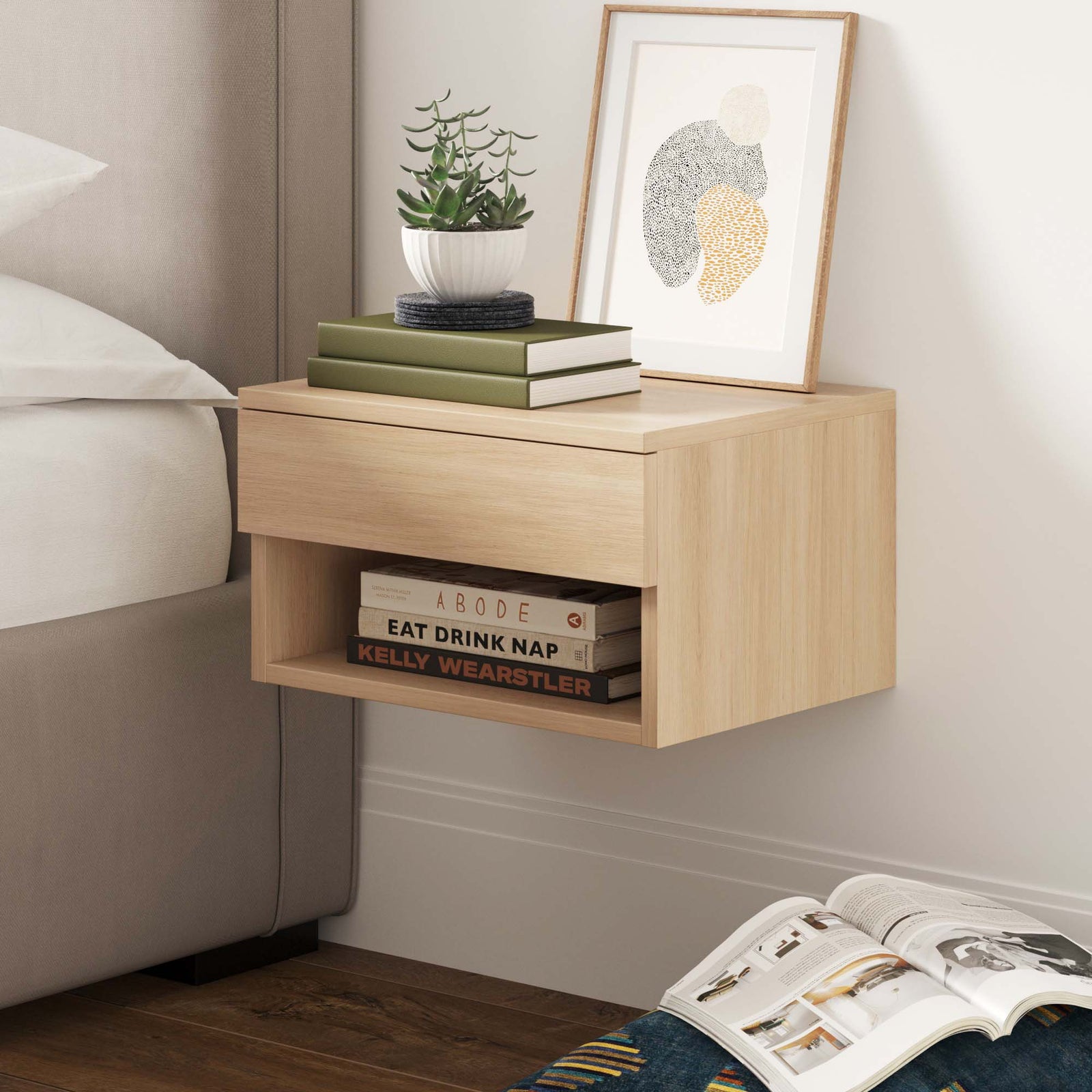 Jackson Wood Floating Nightstand Open Shelf Light Oak | Nathan James