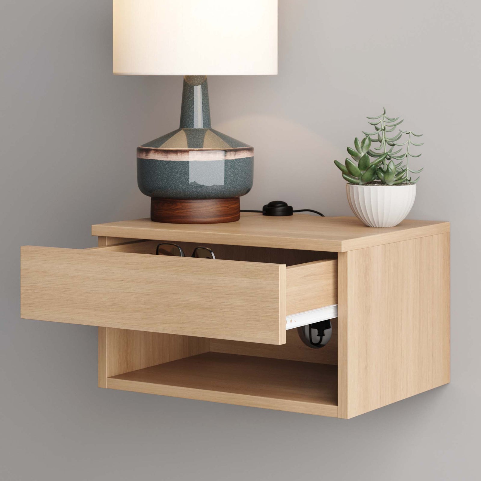 Jackson Wood Floating Nightstand Open Shelf Light Oak | Nathan James