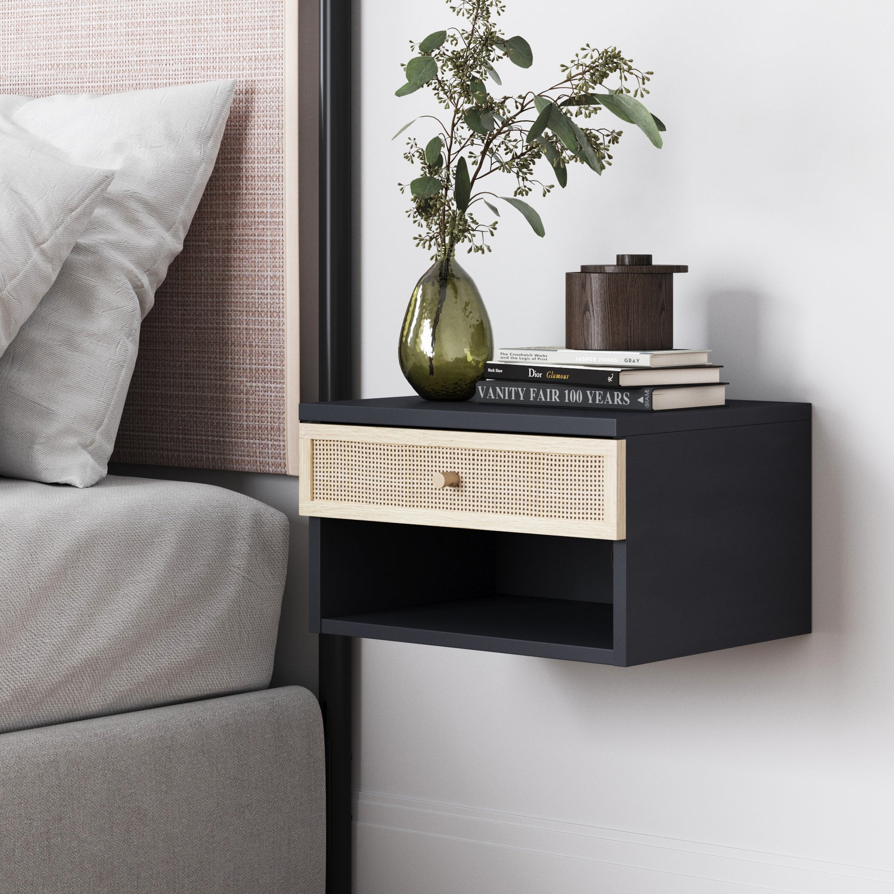 Jackson Wood Floating Nightstand Open Shelf Cubby Black | Nathan James