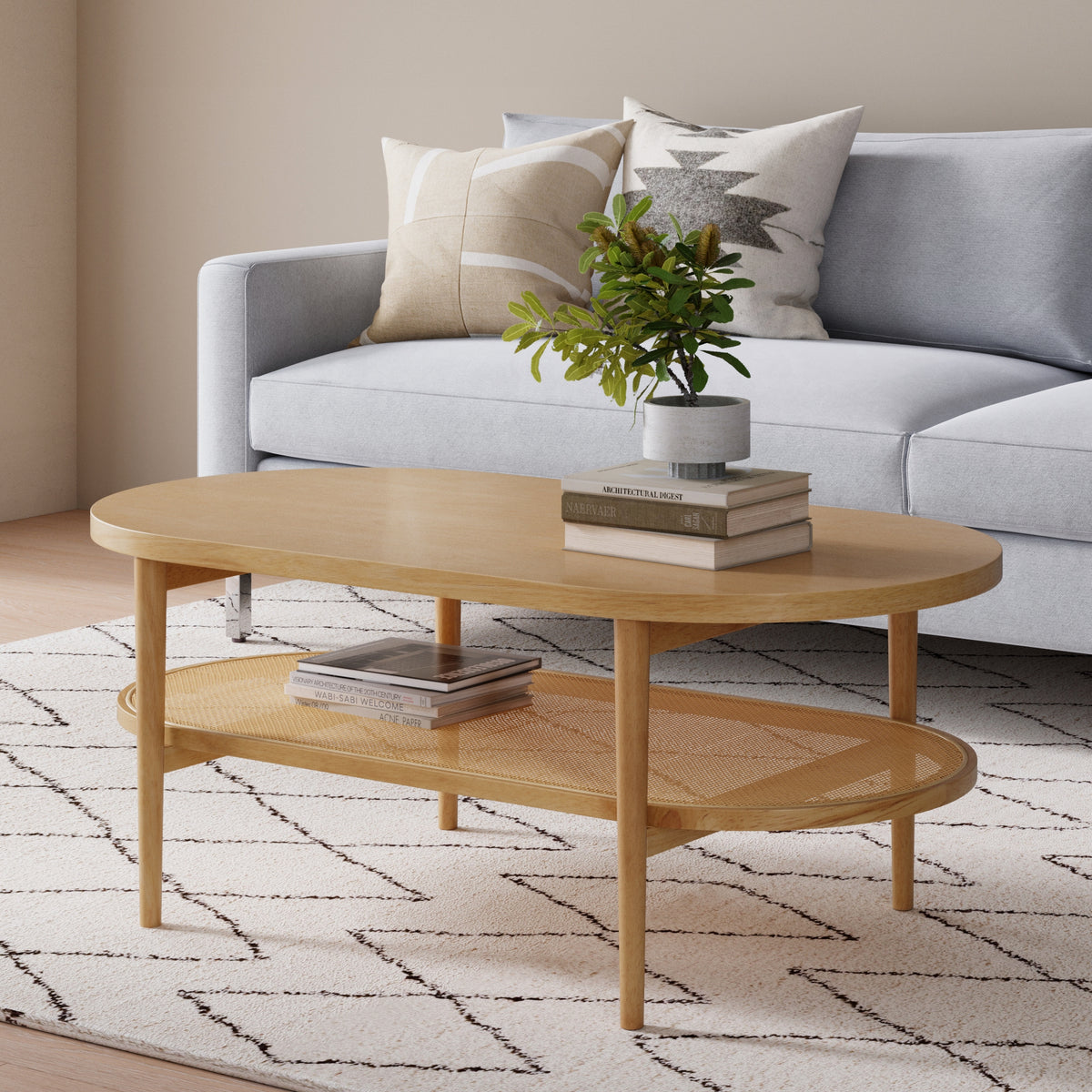 Boho Sonia Rattan and Wood Oval Coffee Table Warm Pine | Nathan James