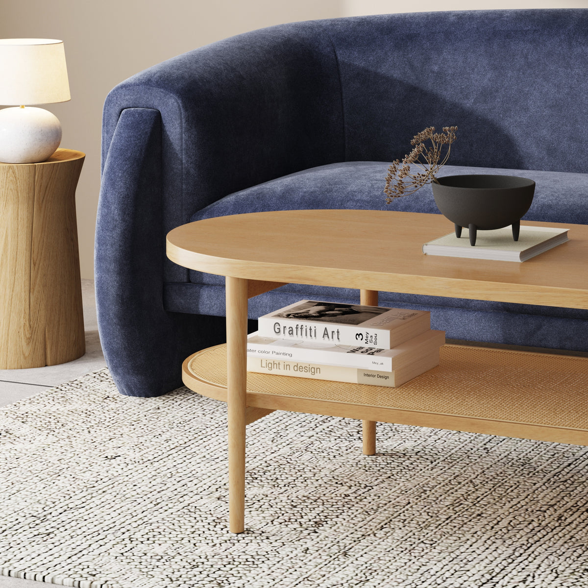 Boho Sonia Rattan and Wood Oval Coffee Table Warm Pine | Nathan James