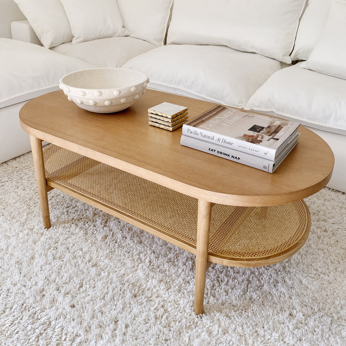 Boho Sonia Rattan and Wood Oval Coffee Table Warm Pine | Nathan James