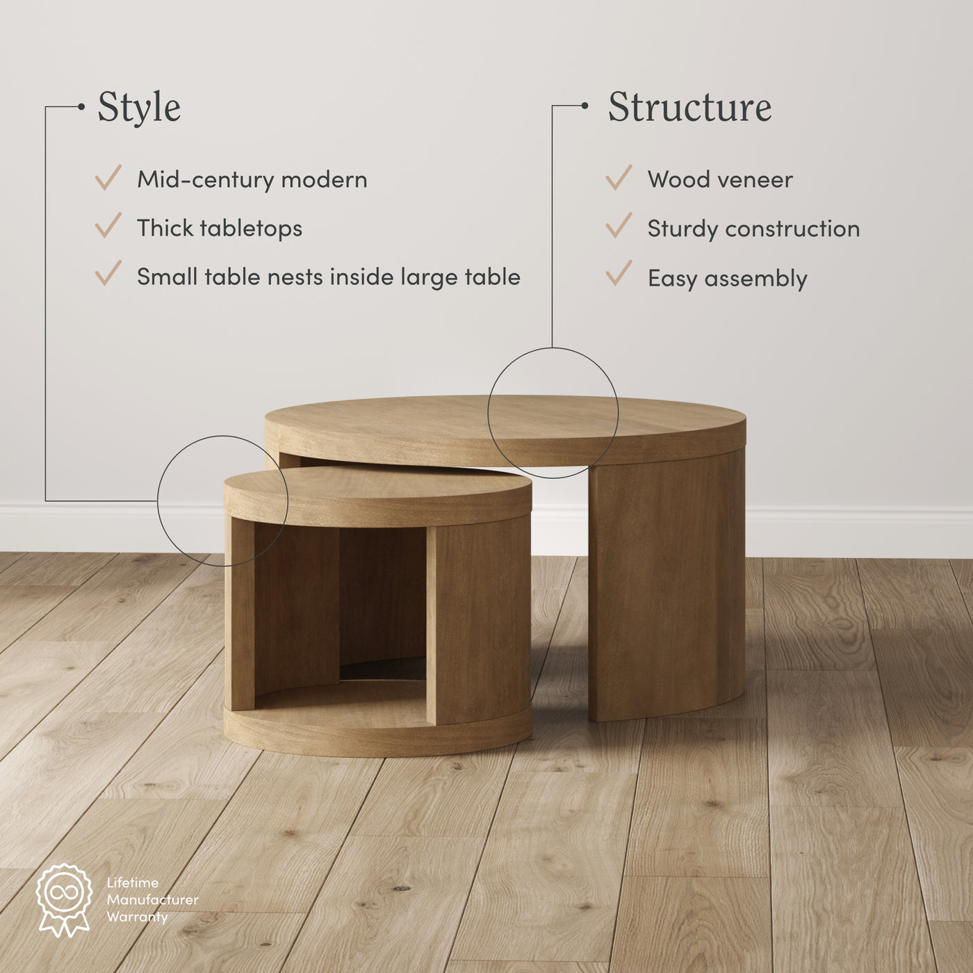 Uchu Round Wood Nesting Coffee Table Set Light Brown | Nathan James
