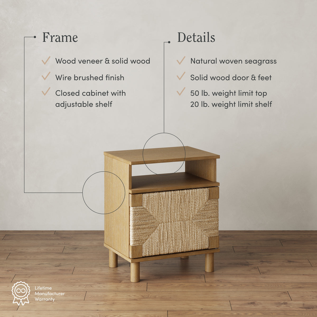 Beacon Boho Wood and Seagrass Nightstand with Storage | Nathan James