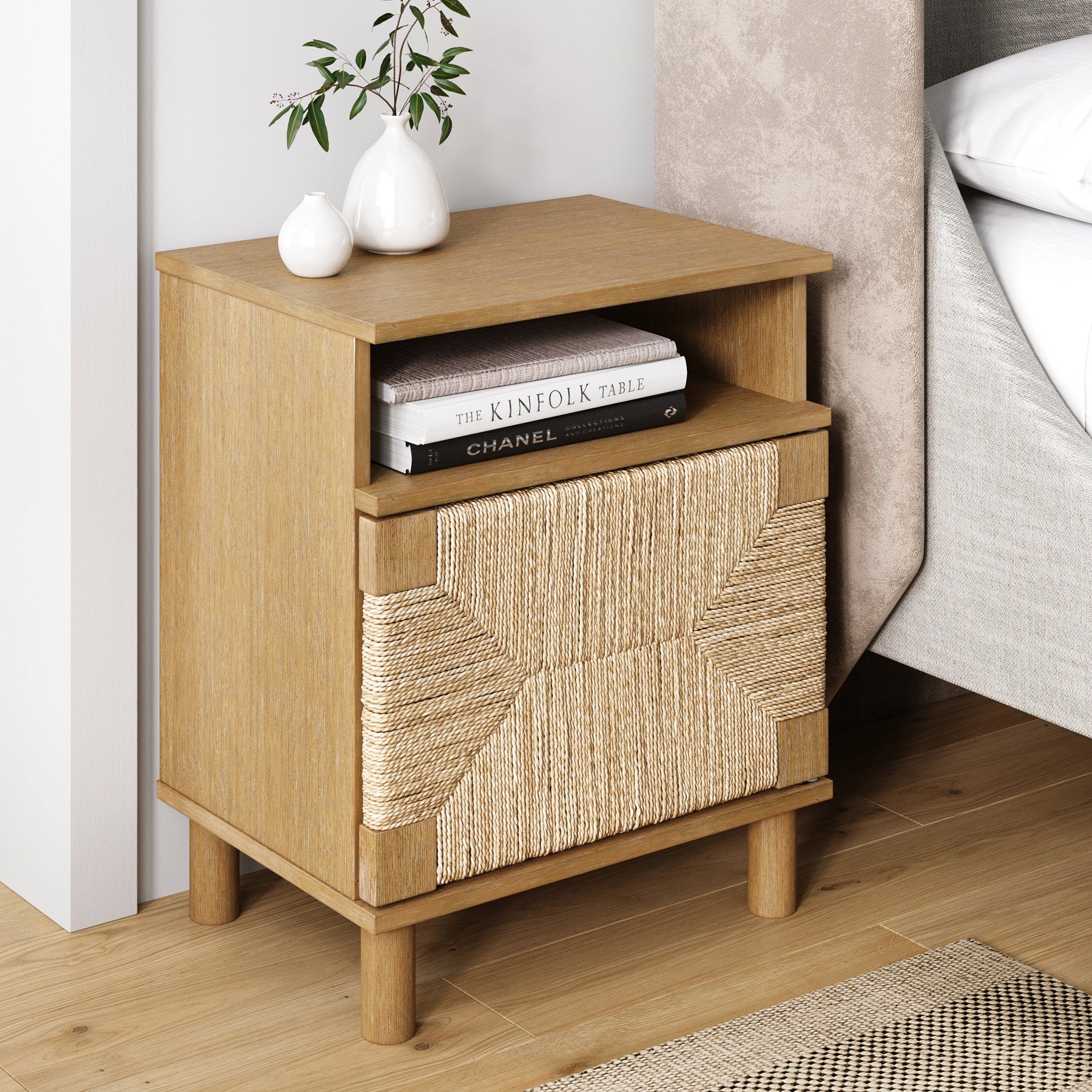 Beacon Boho Wood and Seagrass Nightstand with Storage | Nathan James