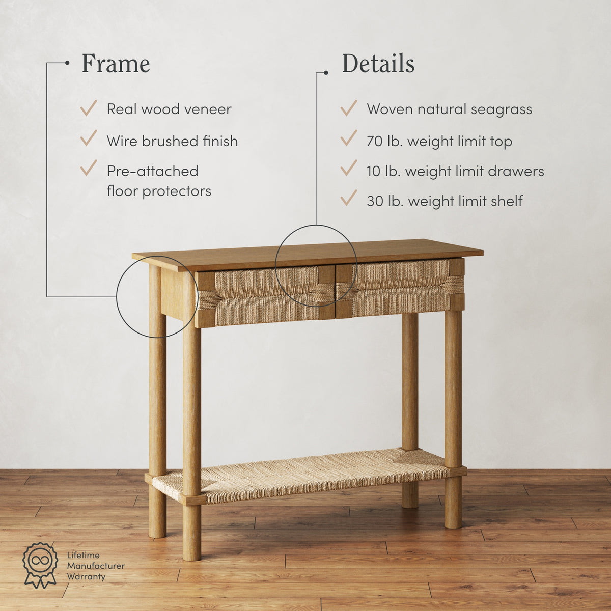 Beacon Boho Seagrass & Wood Light Brown Console Table | Nathan James